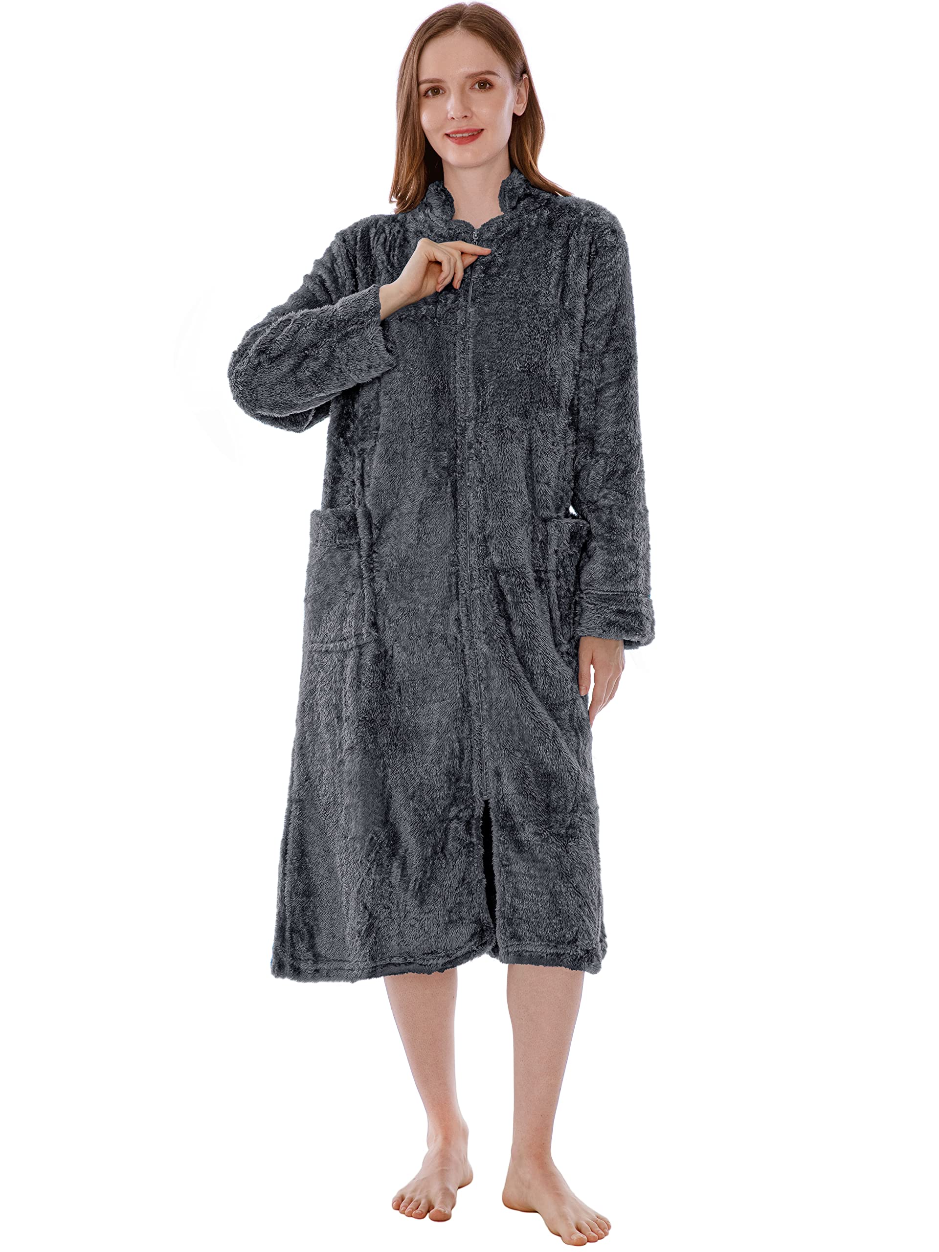 PAVILIA Sherpa Fleece House Coat Women, Zip Up Robe Lounger, Gray Full ...