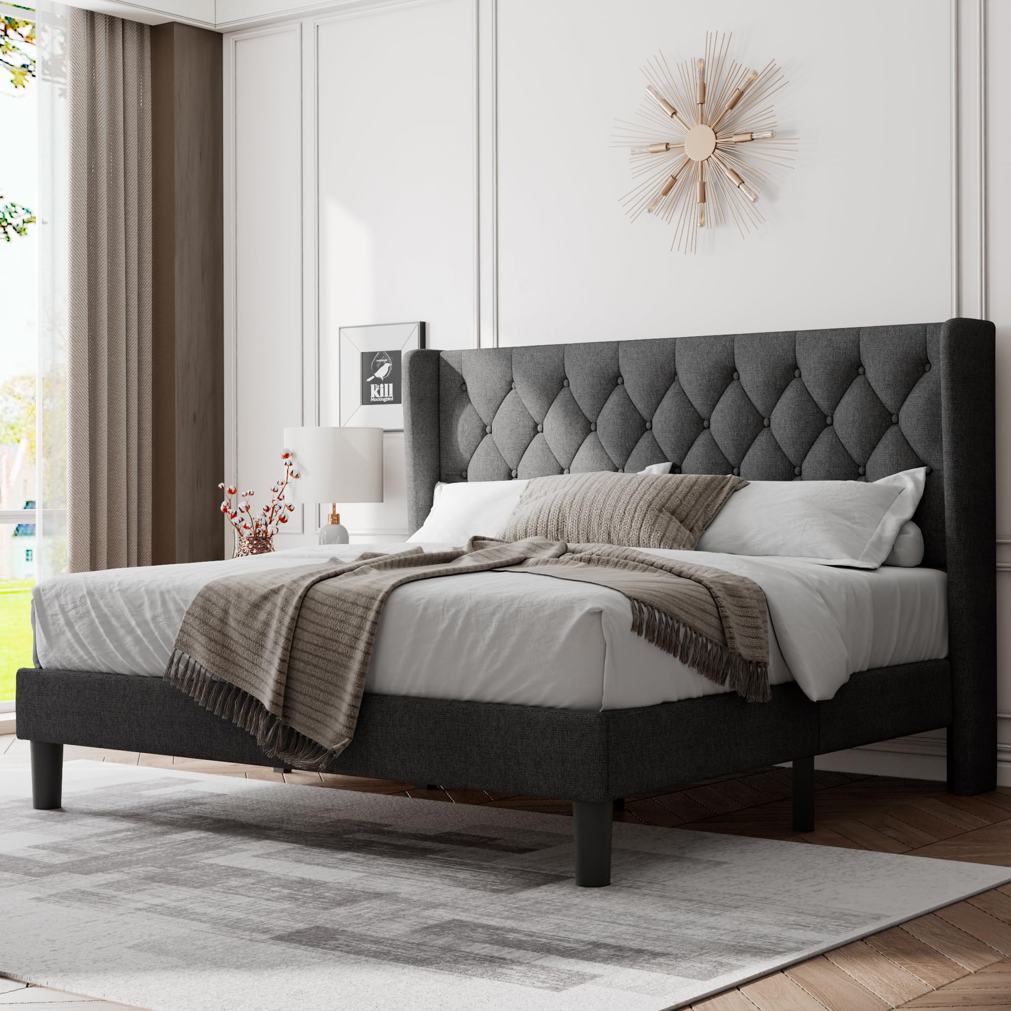 Feonase King Size Bed Frame With Wingback Upholstered Platform Bed