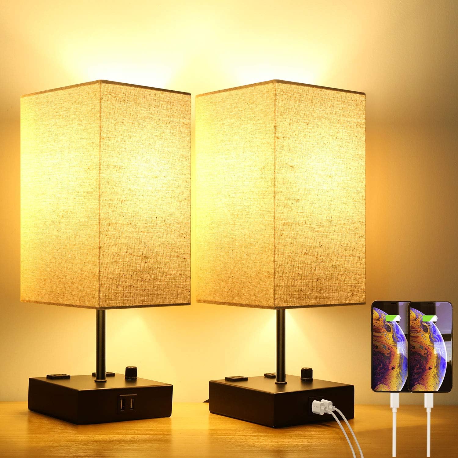 Upgraded Fully Dimmable USB Bedside Table Lamp Set of 2, Nightstand ...