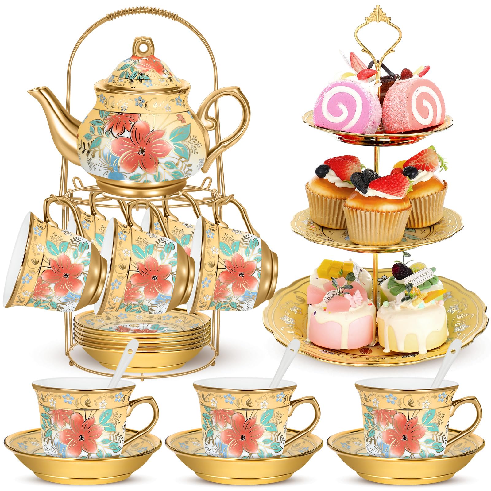 Amazon.com | Suttmin 21 Pcs Porcelain Teapot Set with Metal Holder and ...