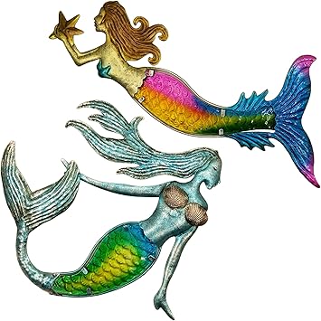 Amazon.com: JFRISING 2 Pack Metal Glass Mermaid Wall Art Decor Indoor ...