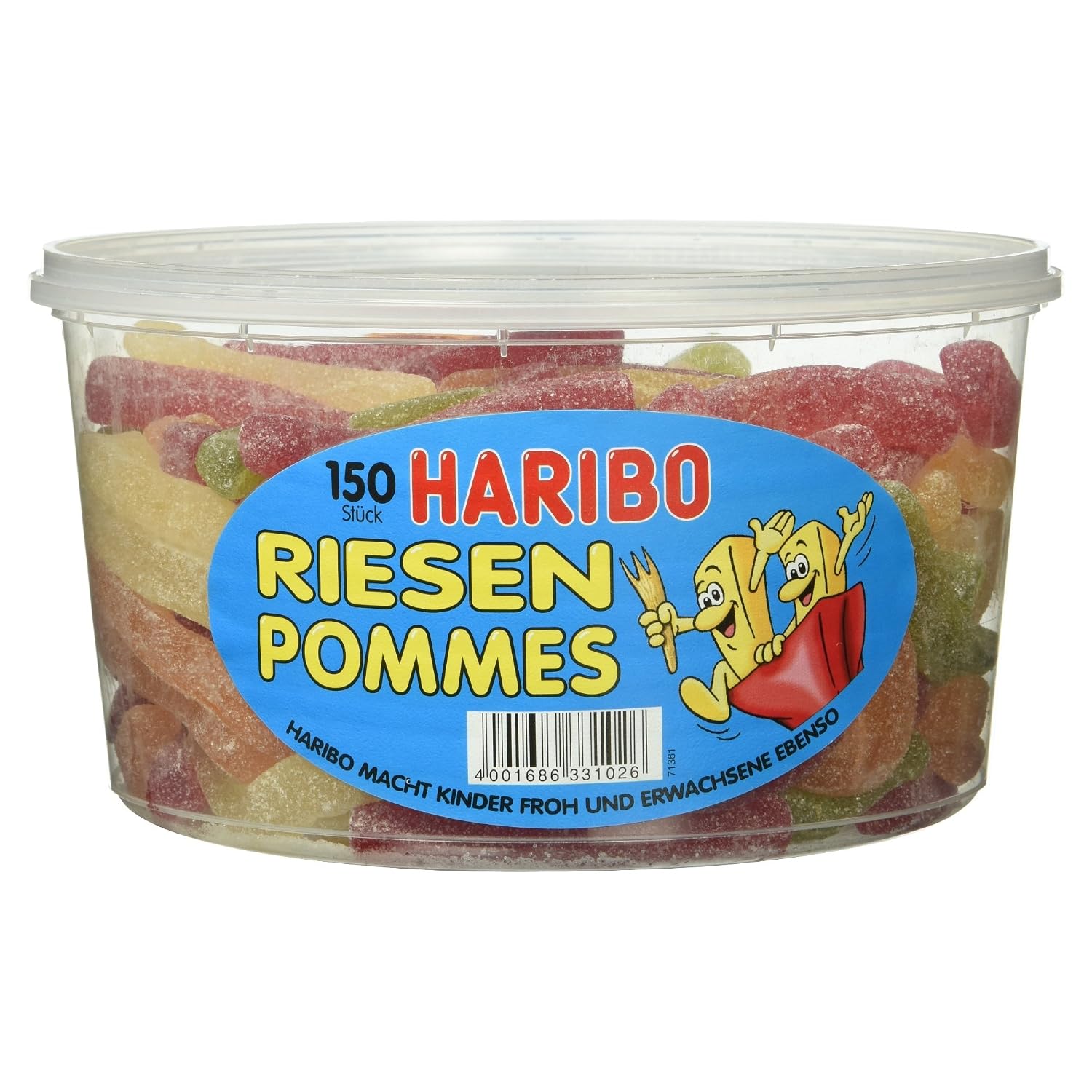 Haribo Riesen Pommes Runddose 150 Stück 1200g, Fruchtgummi Sauer ...