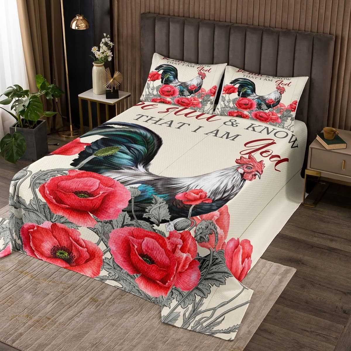 Vintage Rooster Bedspread King Size,Red Poppy Flowers Bedding Set 3pcs ...
