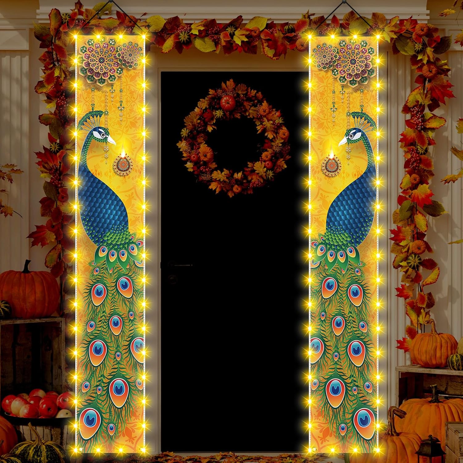 Amazon.com: Happy Diwali Porch Banner with Lights Indian Diwali Peacock ...