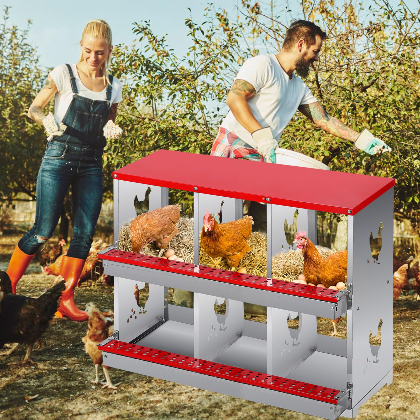 Chicken Nesting Box, 6 Compartment Metal Chicken Laying Box with Vented ...
