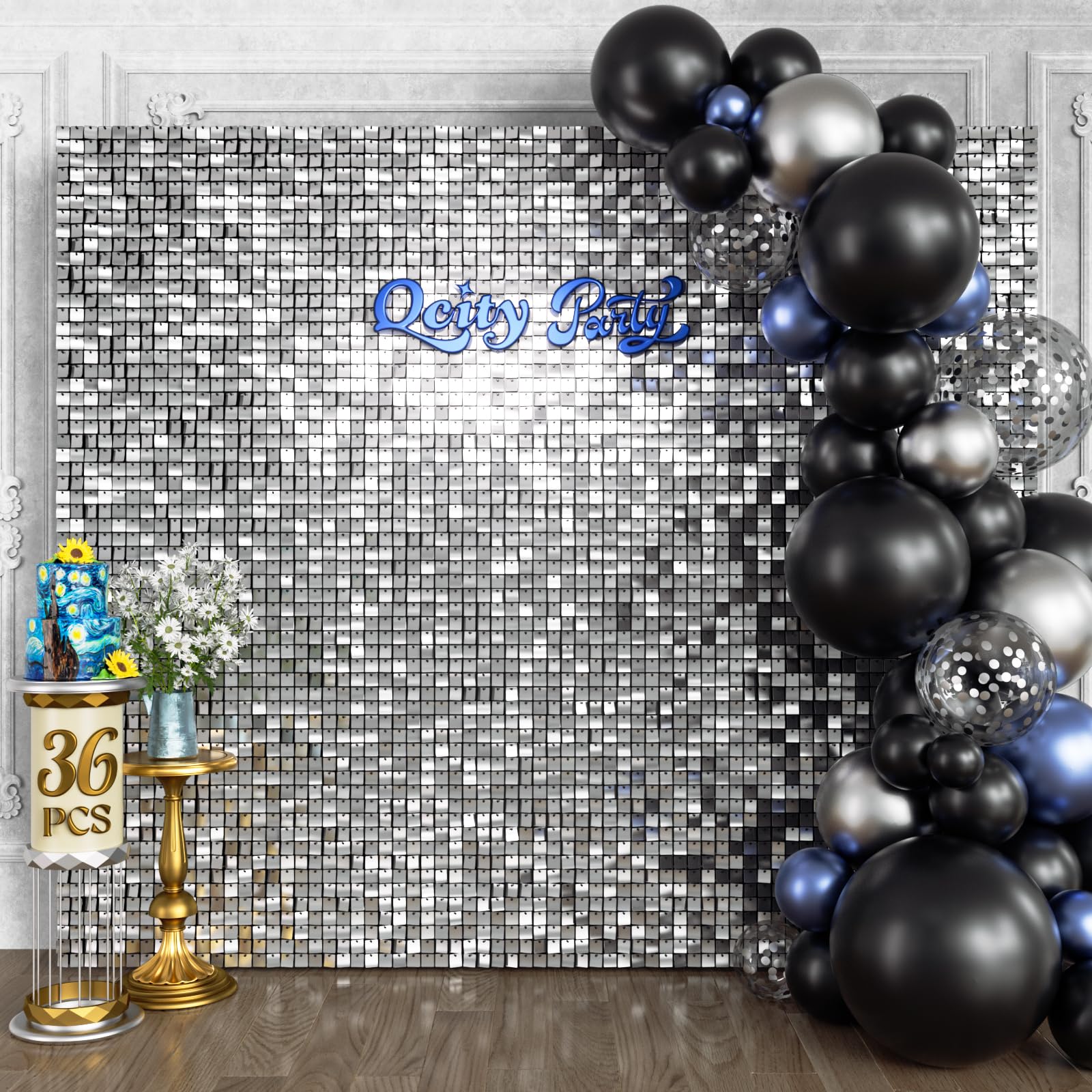 Amazon.com : Qcity Silver Shimmer Wall Backdrop, 36PCS Square Sequin ...
