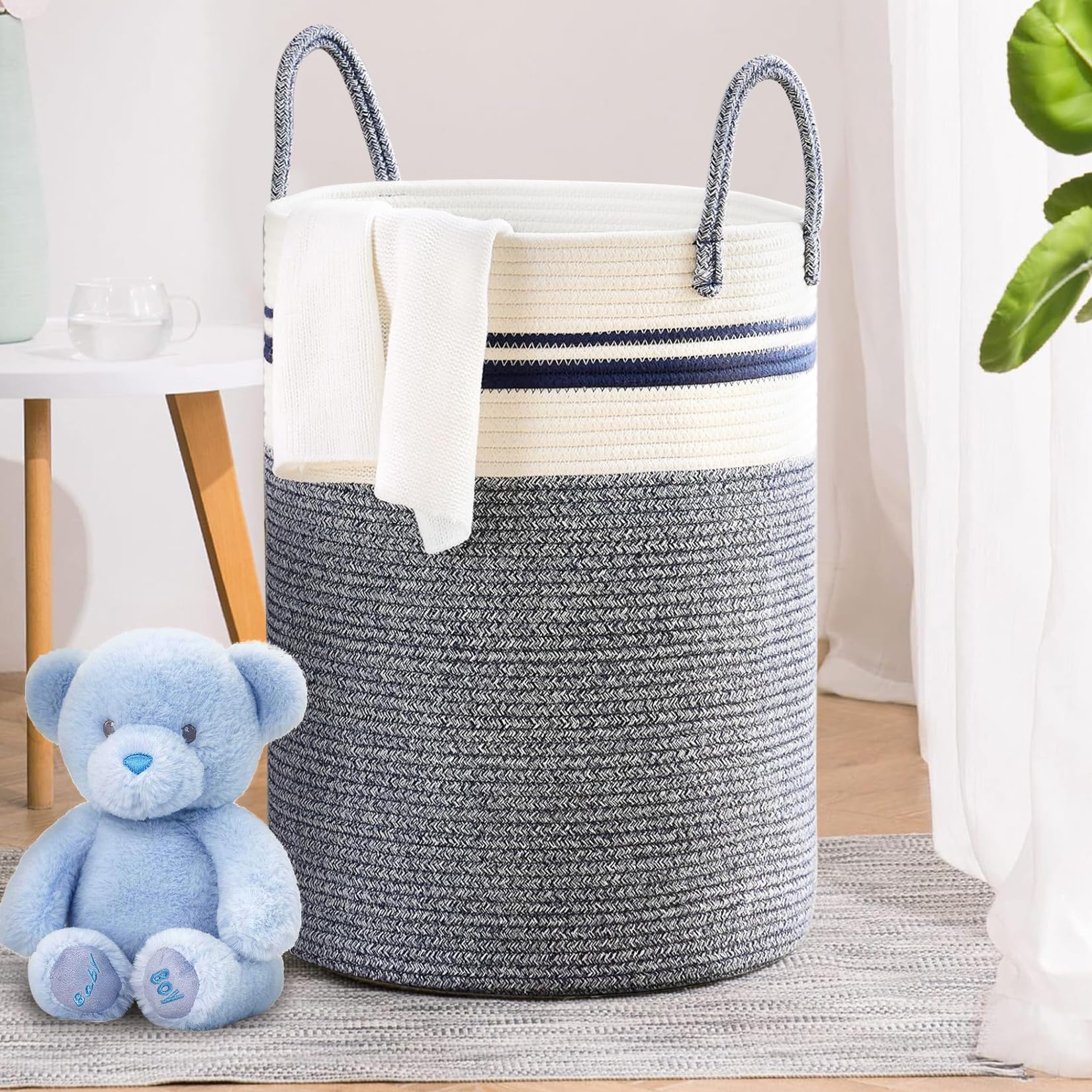 Cesta de lavandería de cuerda tejida con asas,cesta de lavandería ...