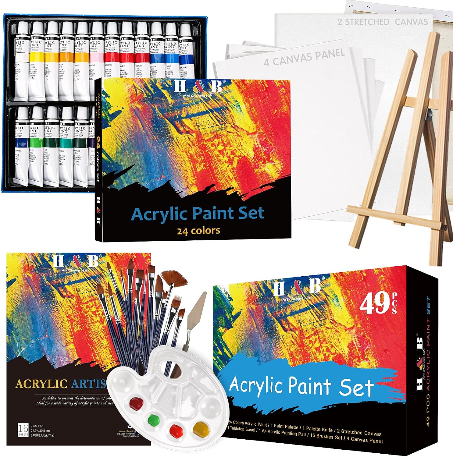 H & B 49pcs Acrylic Paint Set Art Painting Set With Canvas Board ...