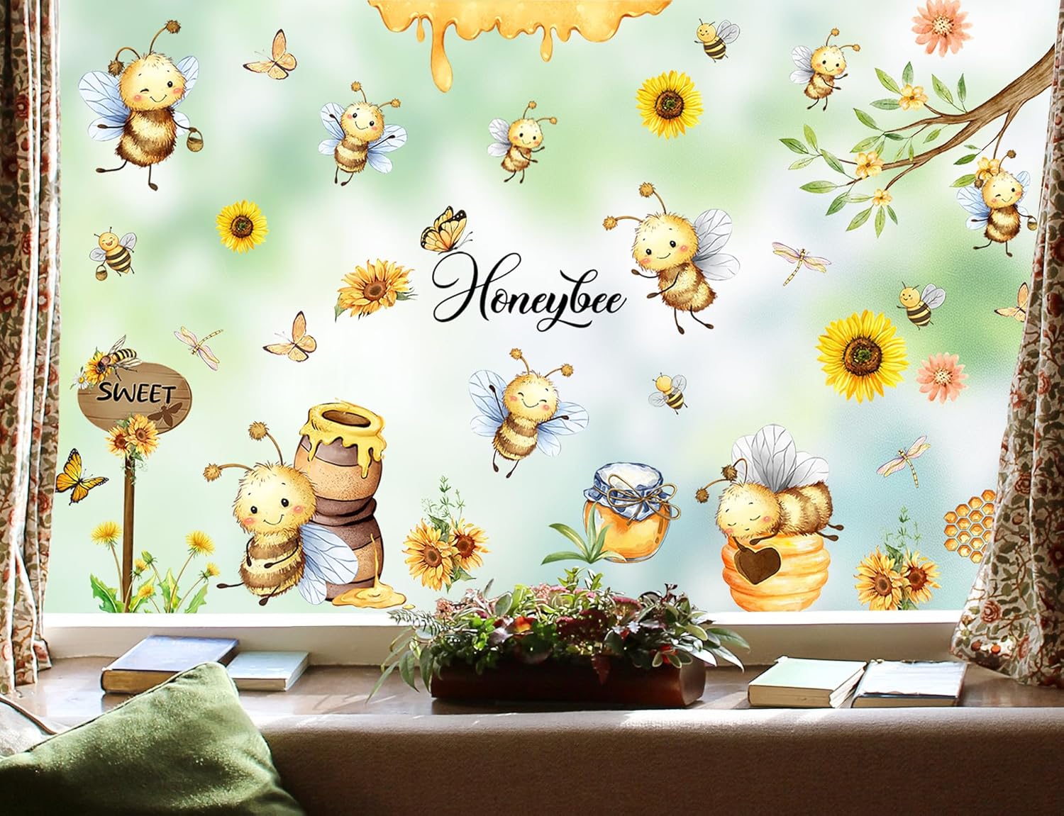 Amazon.com: Bee Window Clings Sunflower Butterfly Window Stickers Tree ...