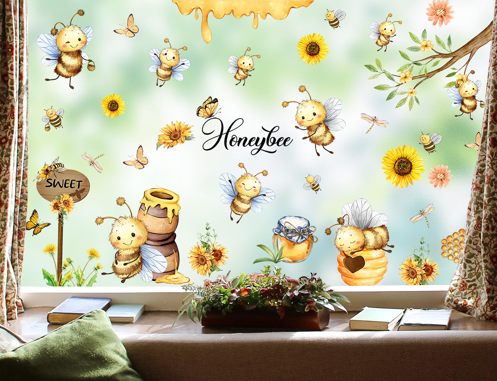 Amazon.com: Bee Window Clings Sunflower Butterfly Window Stickers Tree ...