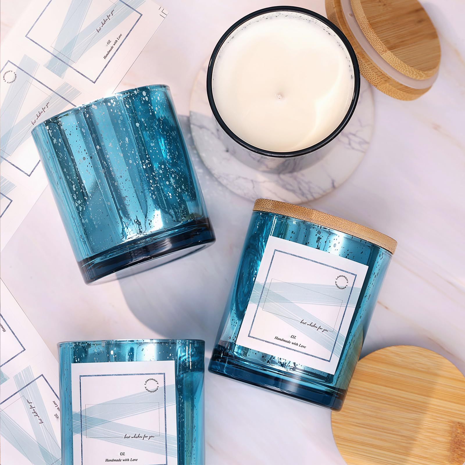 Amazon.com: 12 Pack Glass Candle Jars with Lids (10 OZ, Lake Blue ...
