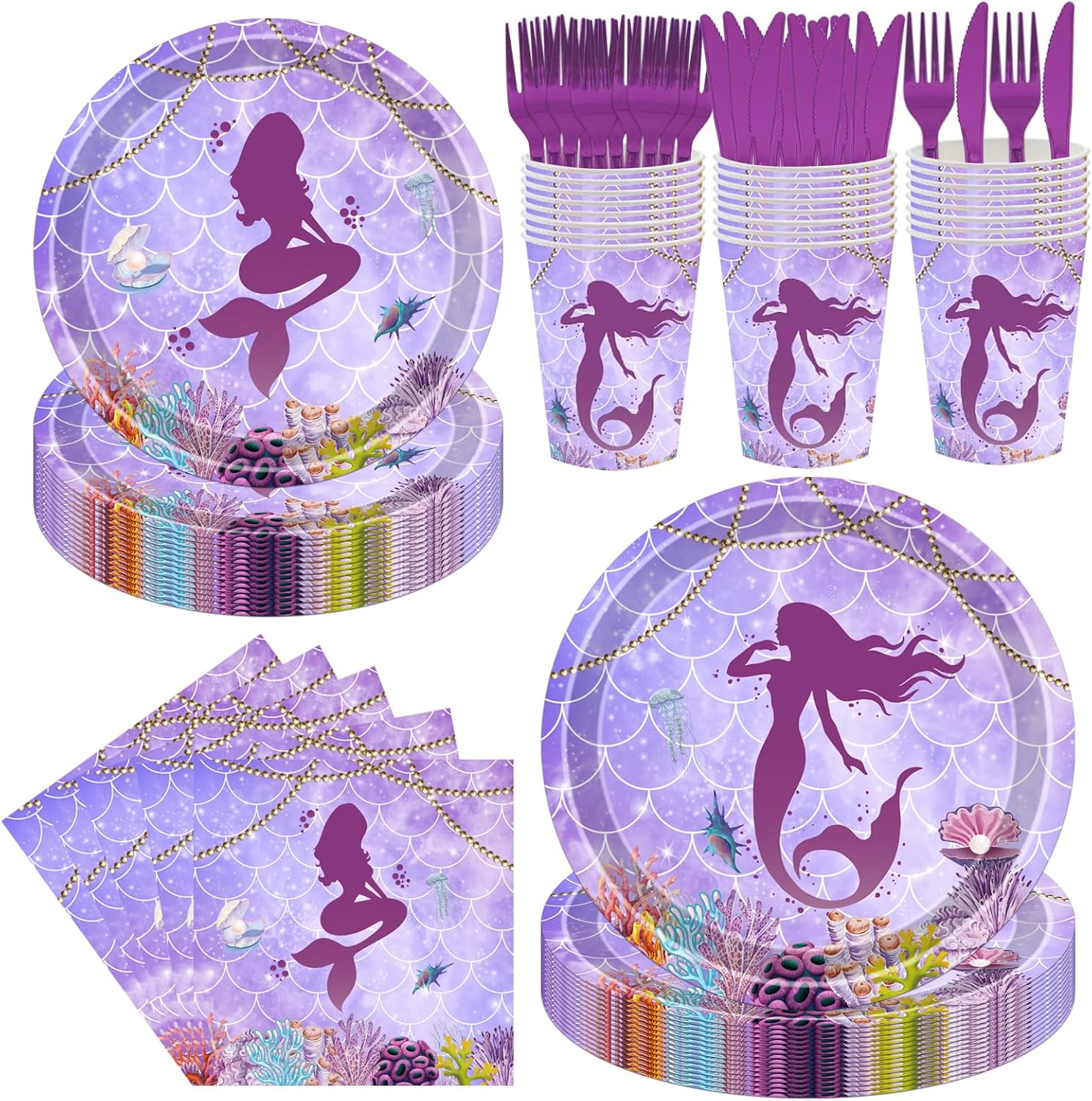 Amazon.com: Poqirzan 144PCS Mermaid Birthday Party Supplies Mermaid ...