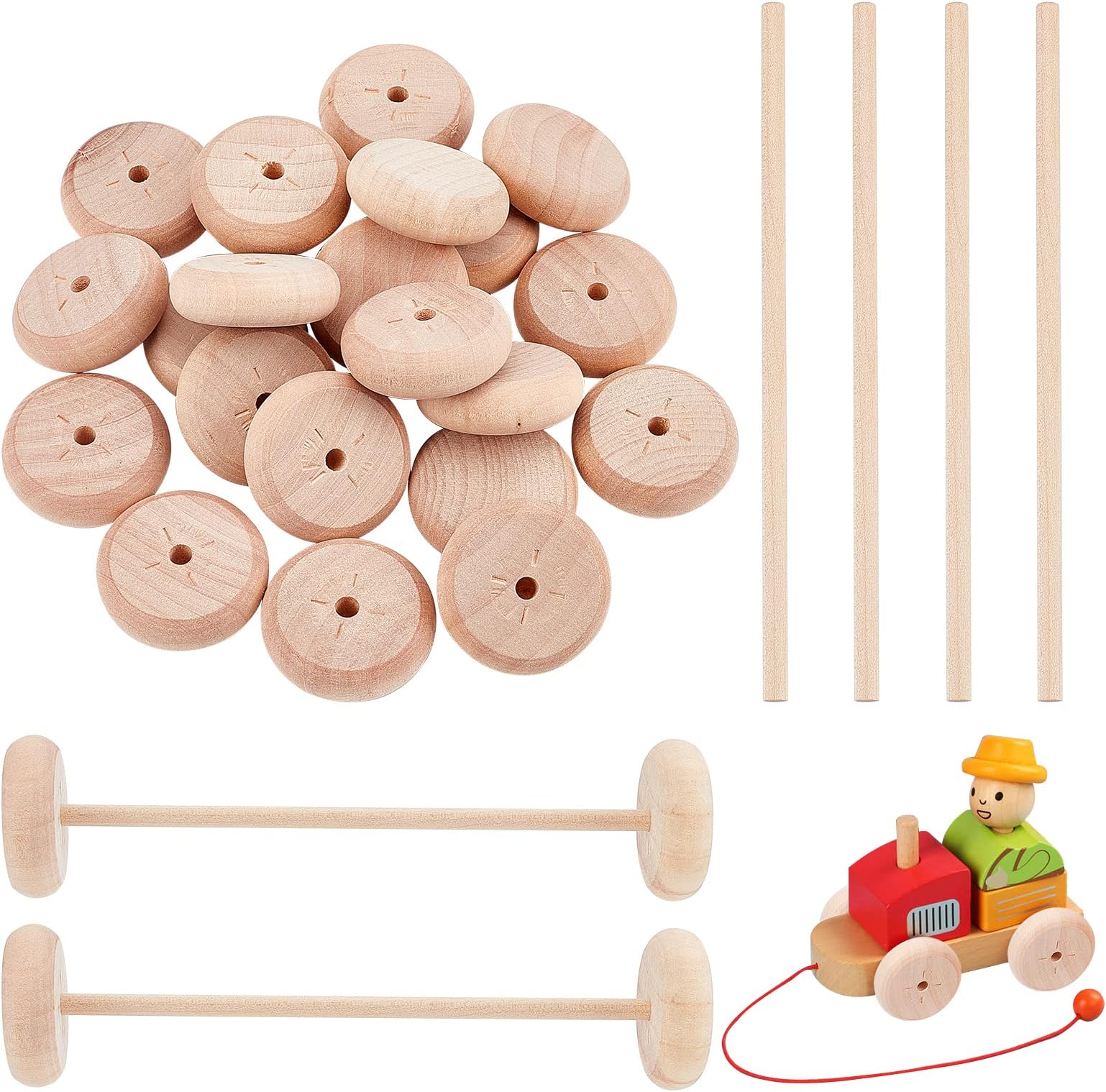 NBEADS 36 Sets Wooden Wheels Set for Crafts, Unfinshed Wooden Wheel ...