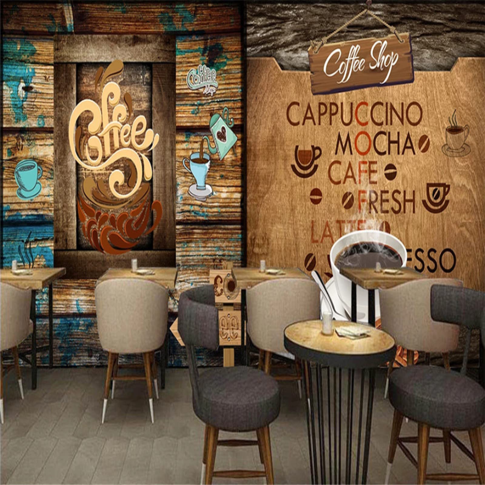 Walpaper Vintage Coffee Shop Interior Design Wooden Table Top With