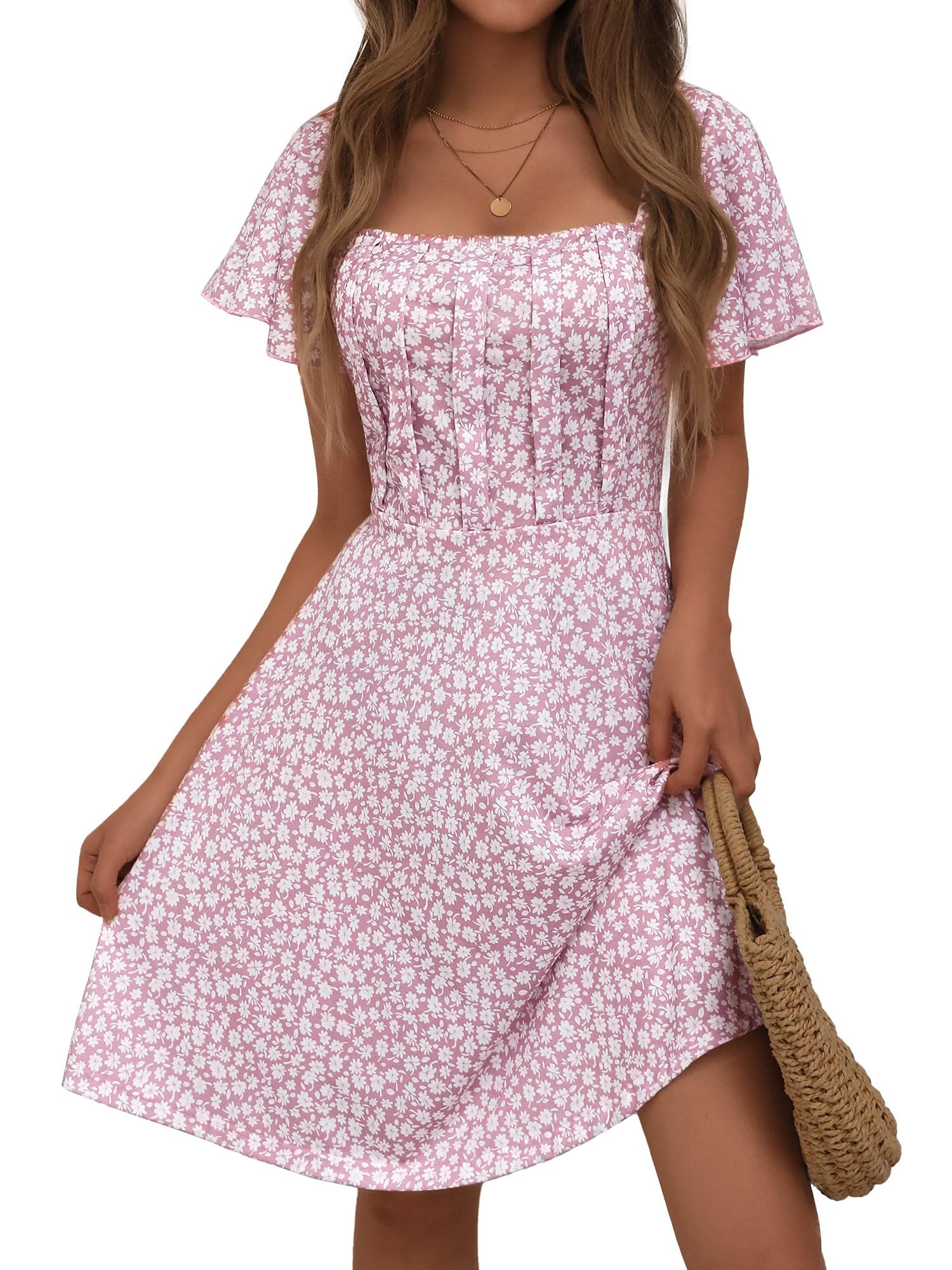 FENSACE Square Neck Ruffle Sleeve Midi Dress Chest Pleated Casual ...