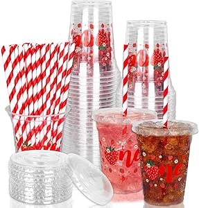 Amazon.com: Whaline 50Pcs Strawberry Disposable Plastic Cups with Lids ...