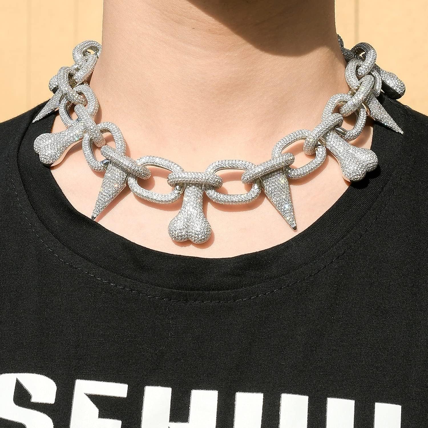 Punk Bone Spikes Link Chain Hip Hop Iced Out Bling Rapper Cuban Link ...