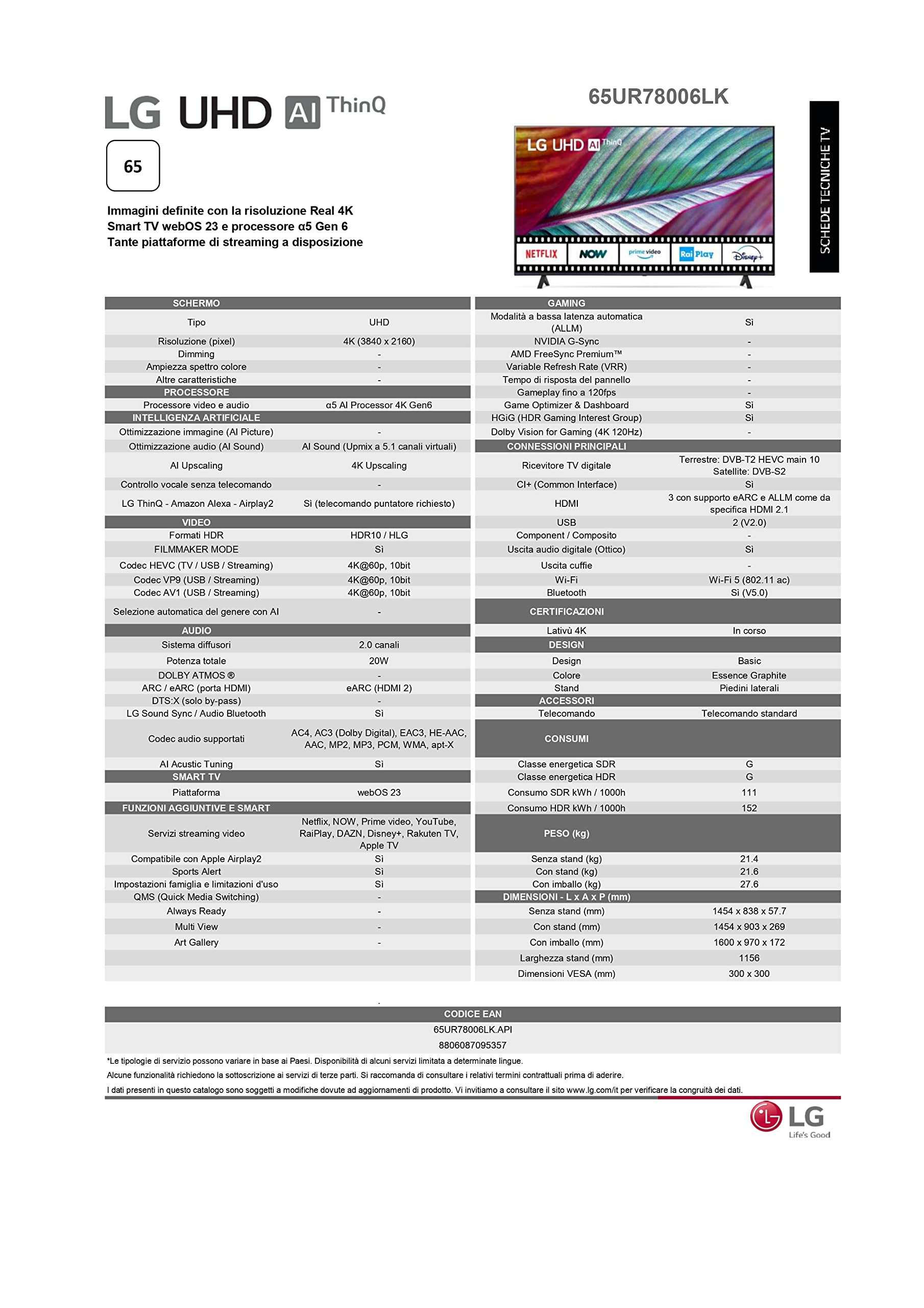 LG UHD 65'', Smart TV 4K, 65UR78006LK, Serie UR78 2023, Processore α5 ...
