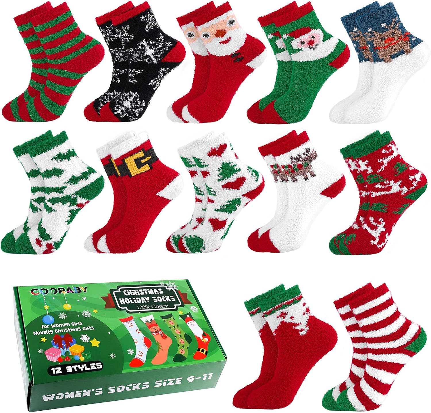 Cooraby 12 Pairs Women's Christmas Socks Holiday Warm Cozy Soft Socks ...