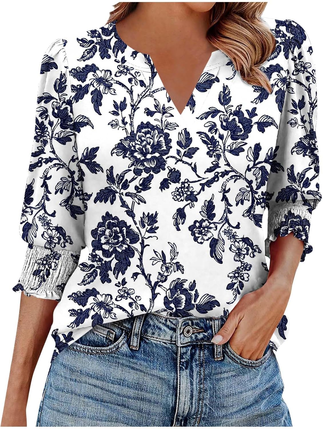 Women's Fashion Blouses for Women Dressy Casual 3/4 Sleeve V Neck Tunic ...