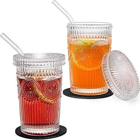 Amazon.com | Ribbed Glass Tumblers with Lids & Straws - Vintage Iced ...