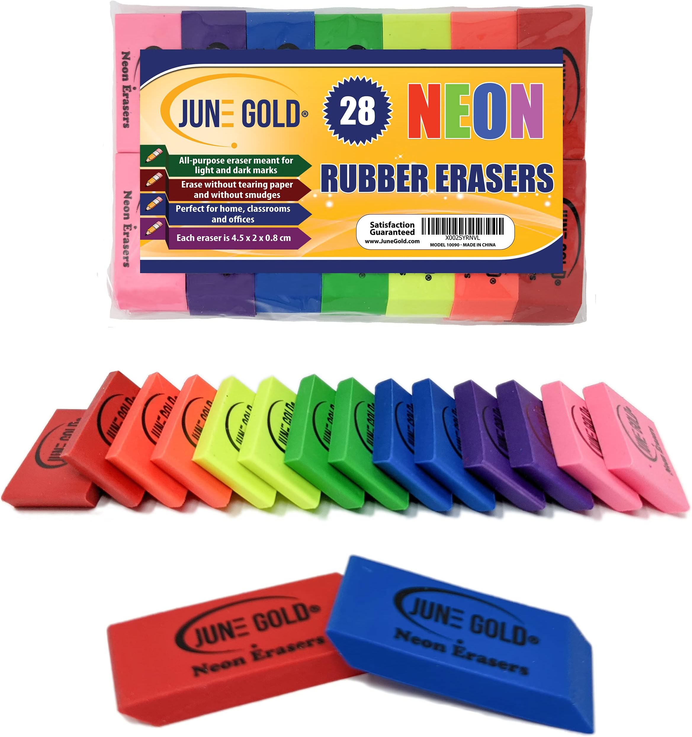 Amazon.com : June Gold 28 Neon Colored Rubber Erasers - These All ...