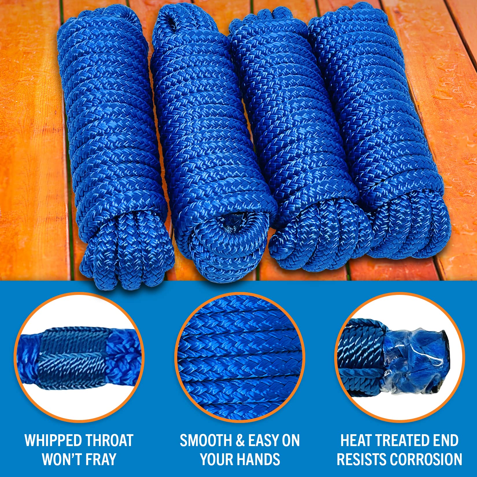 Snapklik.com : Dock Lines Boat Ropes For Docking, 3/8" Double Braided ...