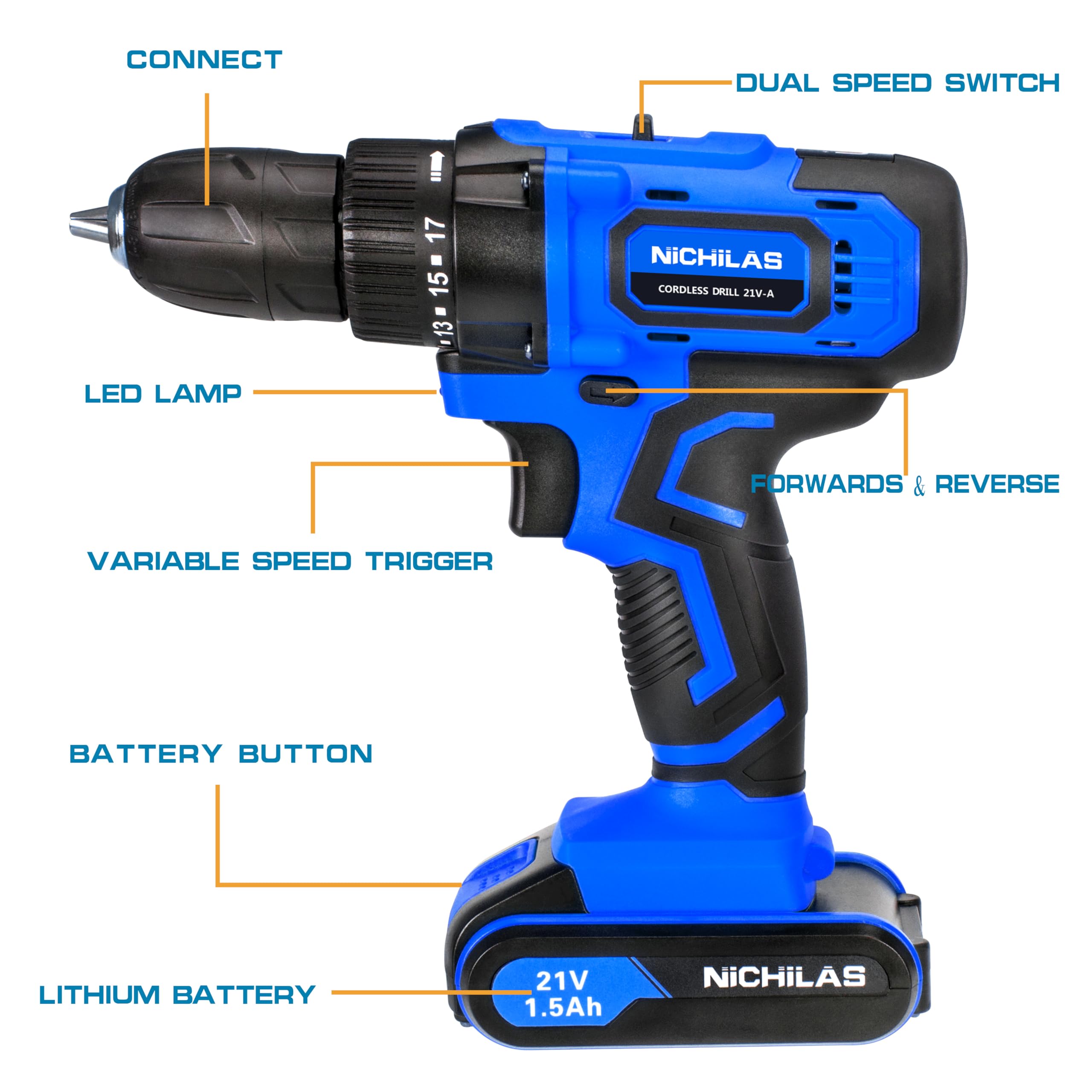 Snapklik.com : Cordless Drill, 21V Power Screwdriver 2 Variable Speed 3 ...
