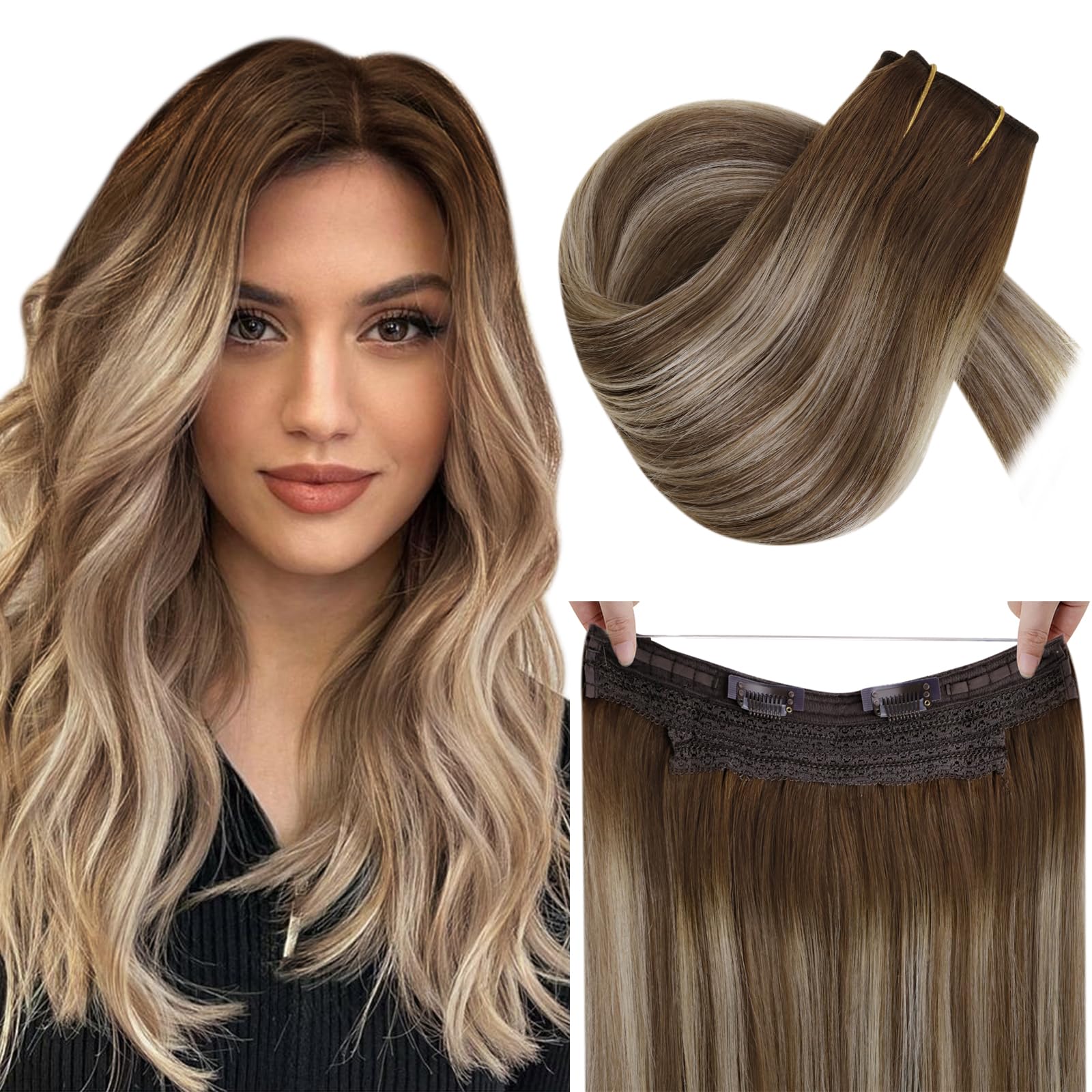 Amazon.com : RUNATURE Wire Human Hair Extensions Balayage Invisible ...