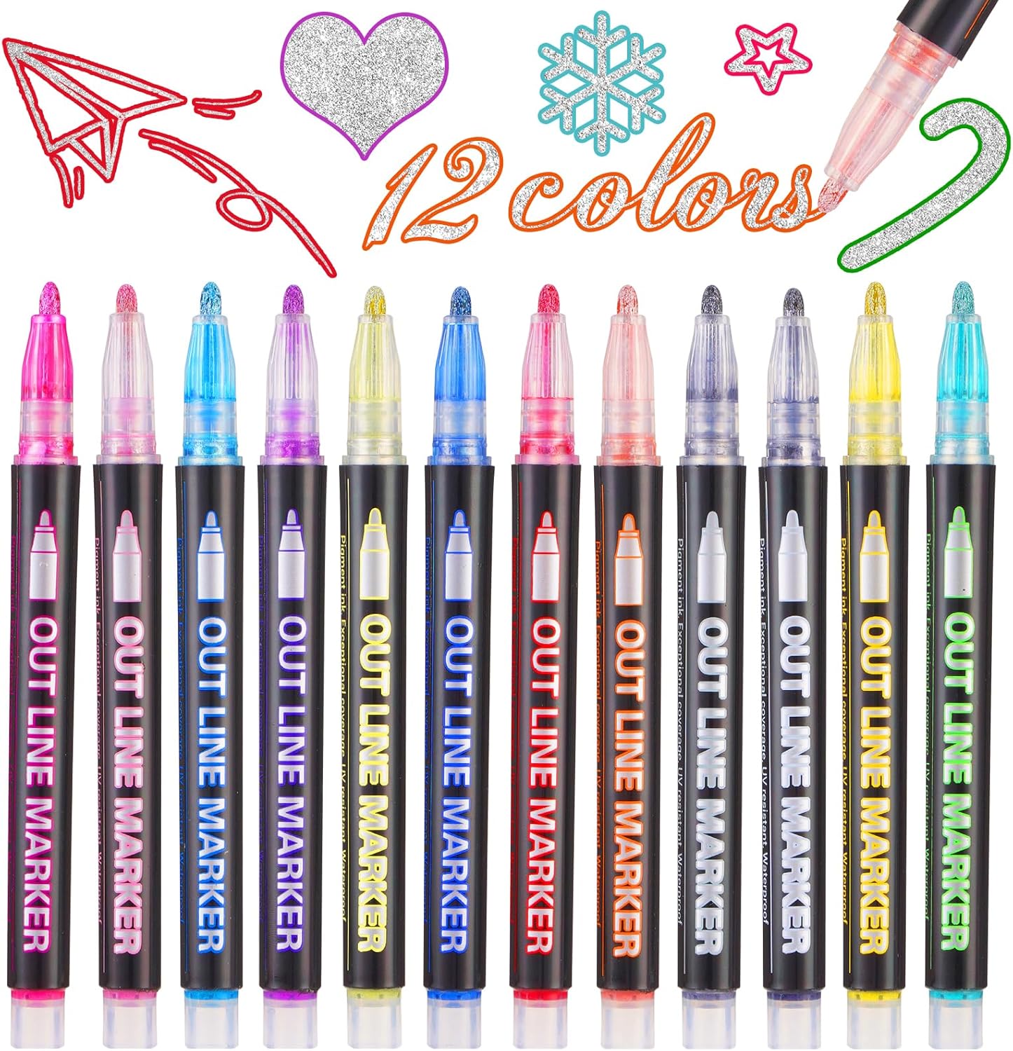 Amazon.com: Double Line Outline Markers, 12 Colors Shimmer Outline ...
