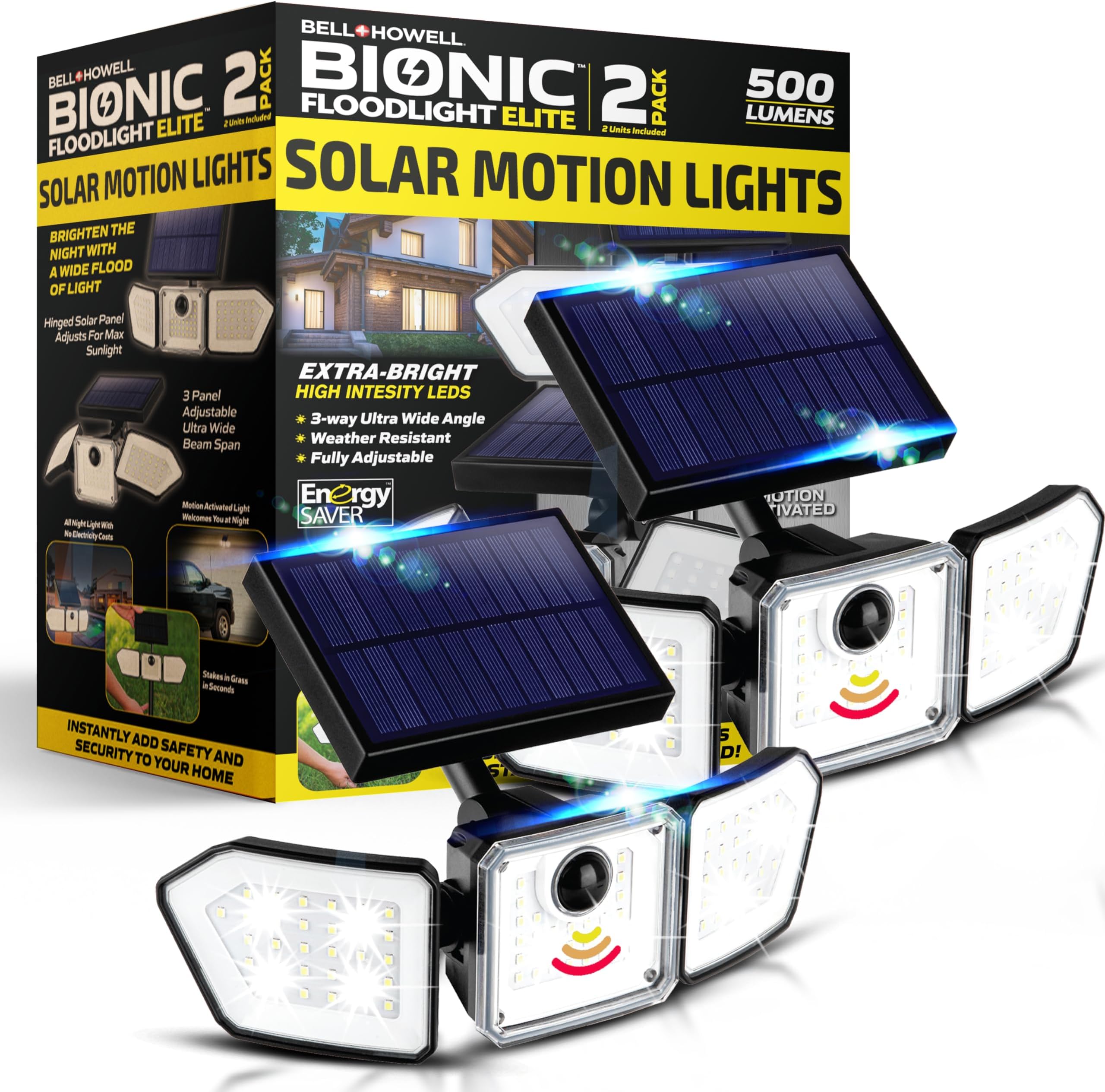 Bionic Flood Light 2 Pk Solar Lights Outdoor Waterproof, 500 Lumens ...
