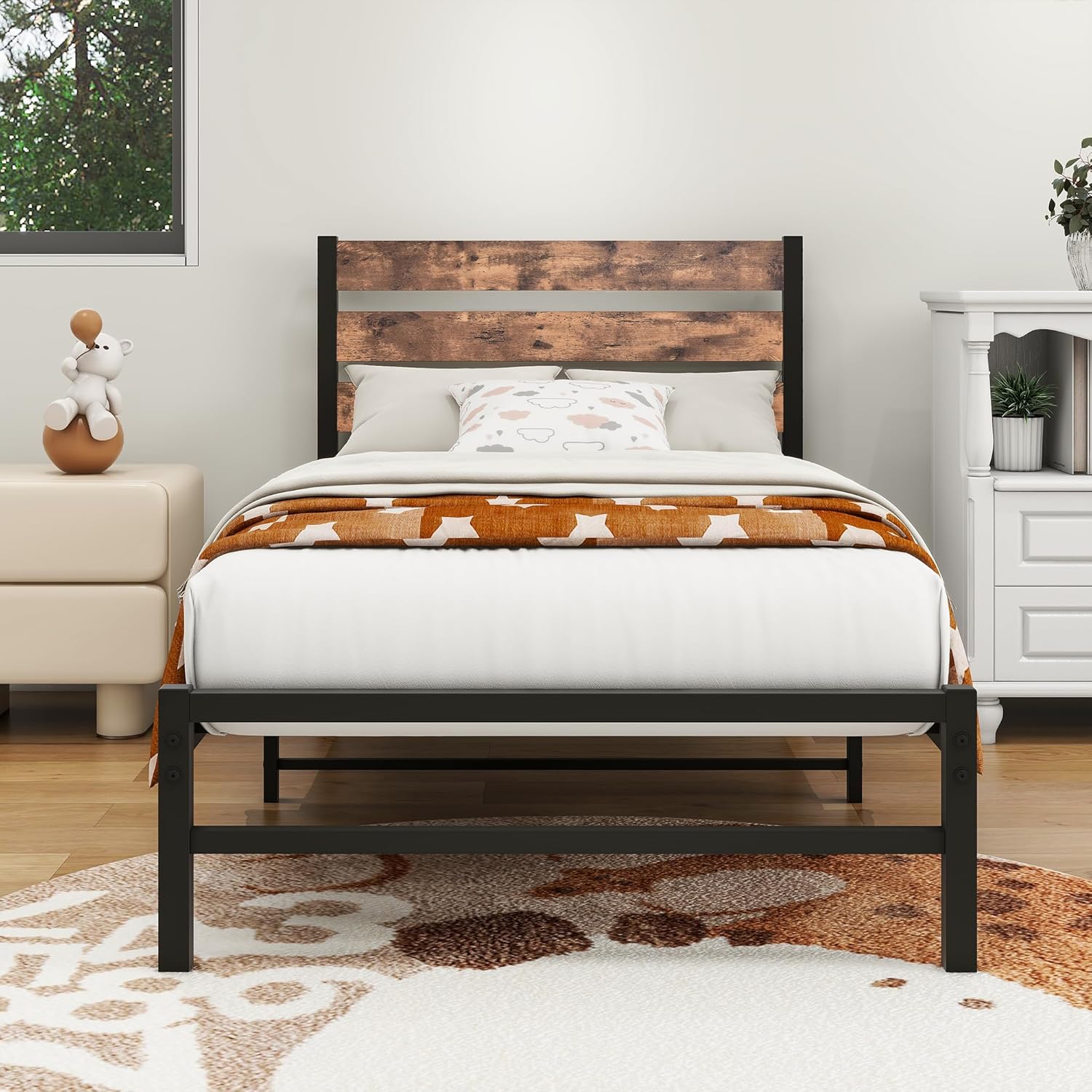 HOMERECOMMEND Single Bed Frame with Rustic Wood Headboard Heavy Duty ...