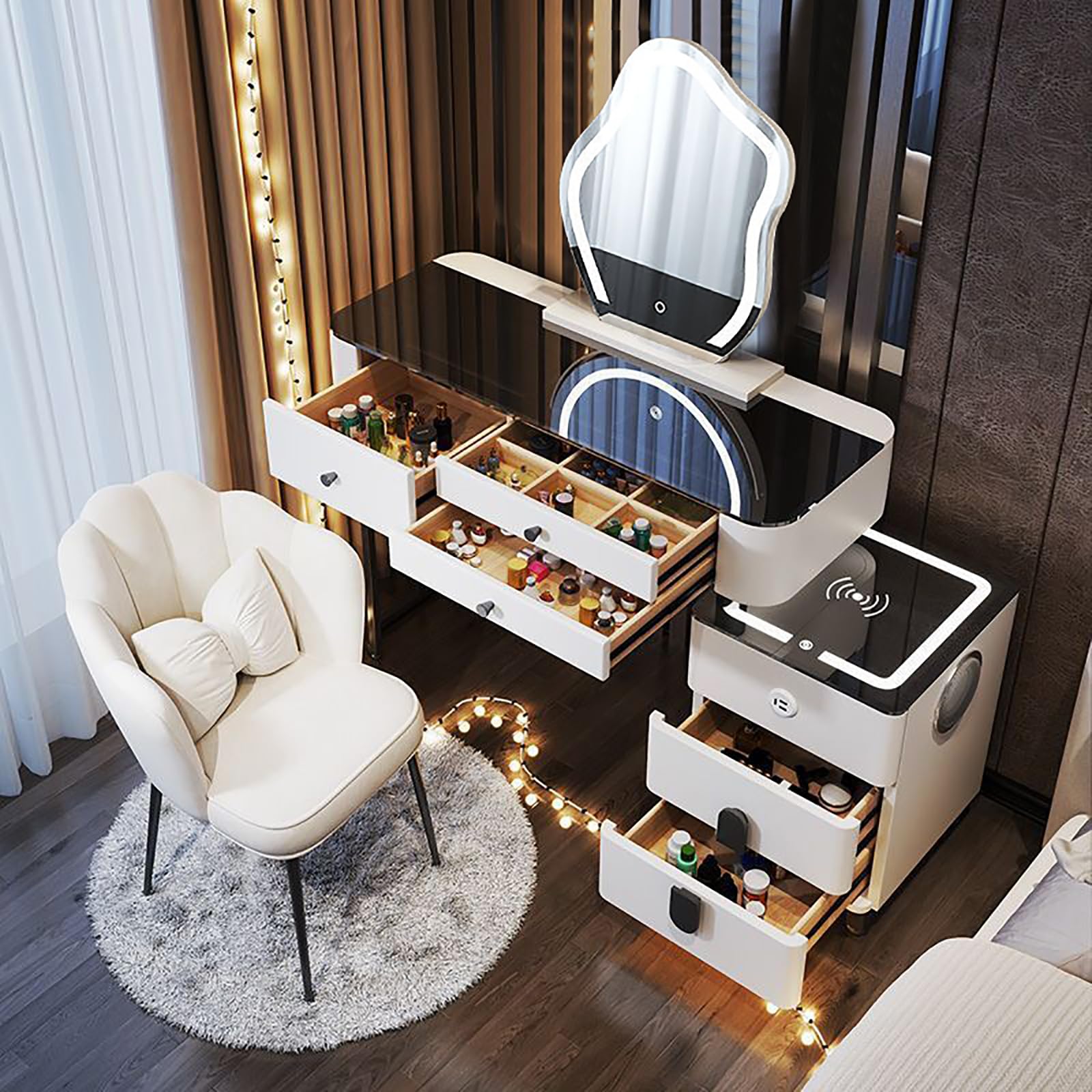 DGPBD Dressing Table with Cloud Mirror, Makeup Vanity Desk with 5 Solid ...