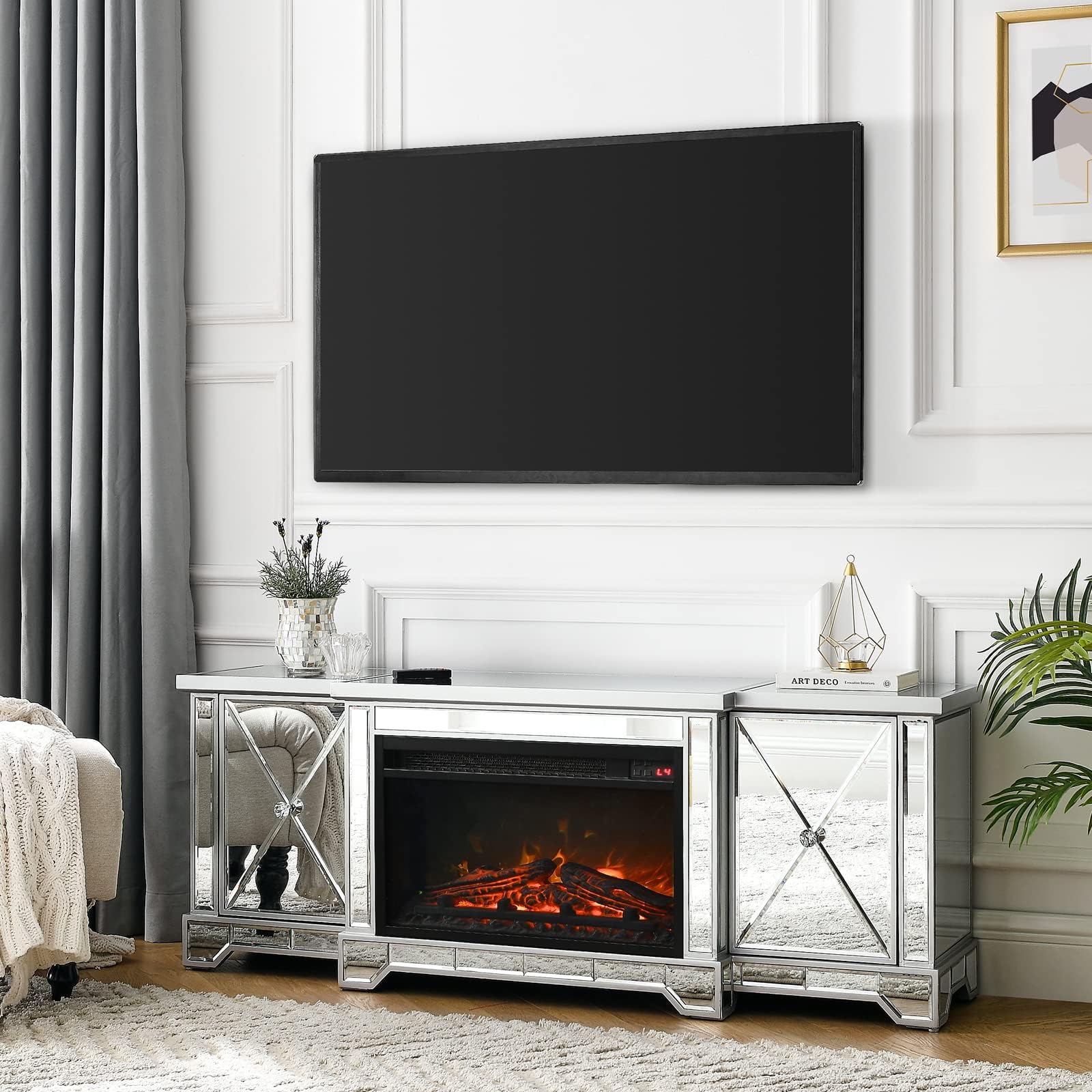 Amazon.com: IKIFLY Mirrored TV Stand with Fireplace for 75+ inch TV ...