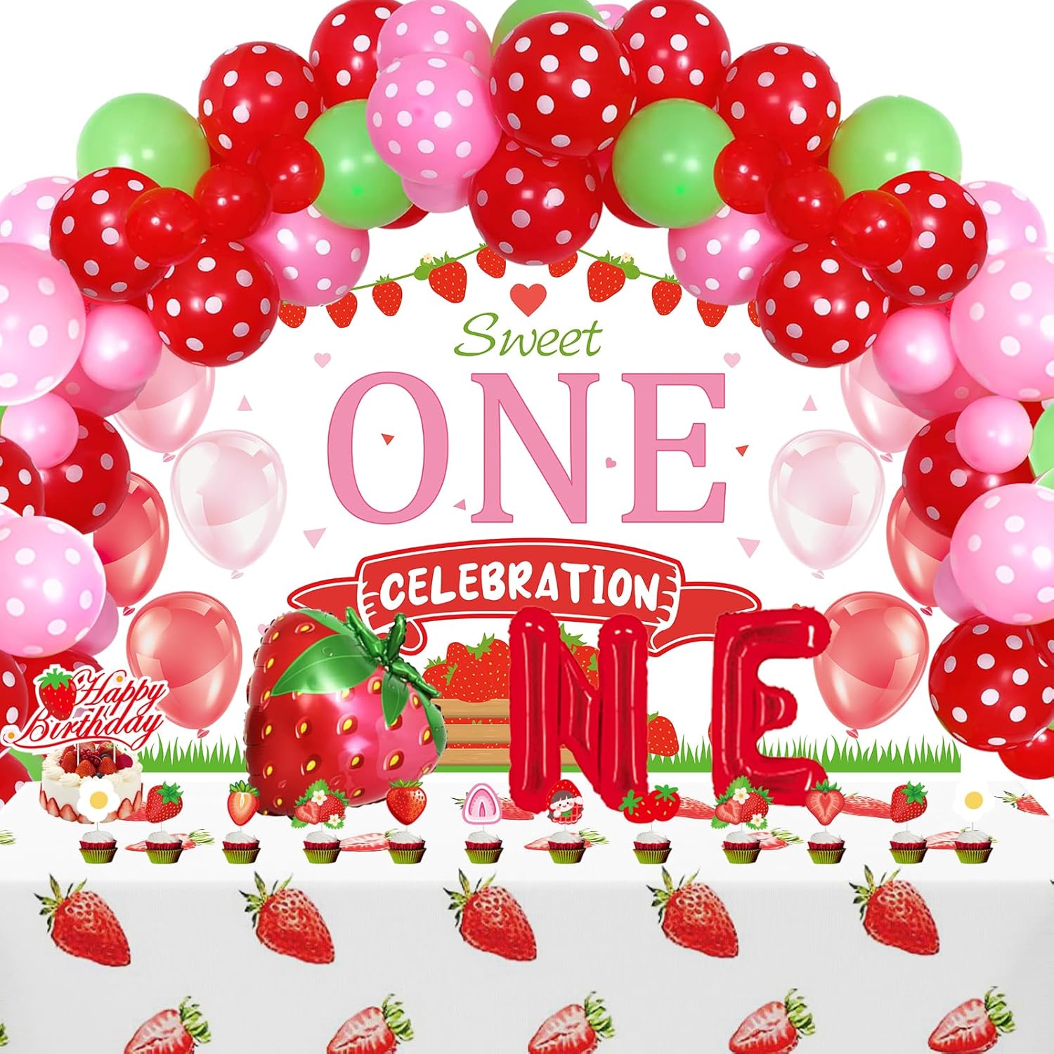 Amazon.com: Crenics Strawberry 1st Birthday Decorations - Sweet One ...