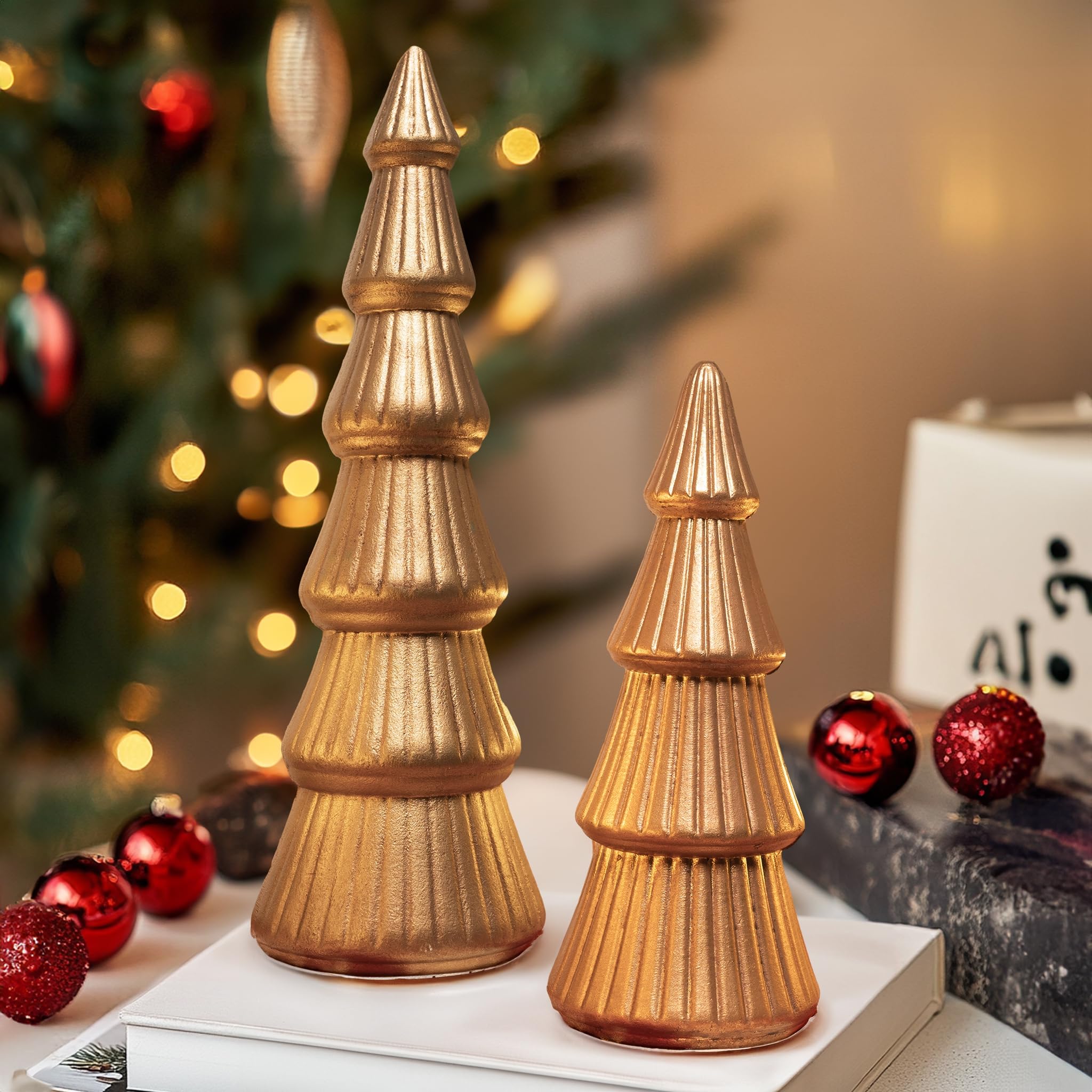 Amazon.com: NEROSUN Wooden Christmas Tree Figurine, Set of 2 Gold ...