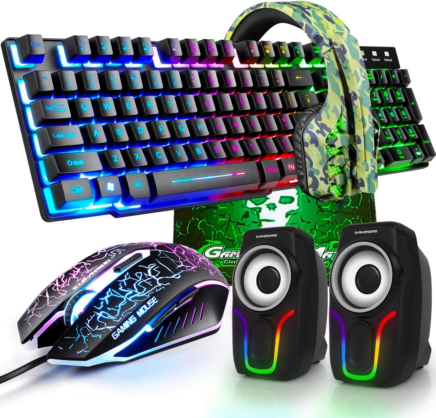 UK Layout 5-in-1 Wired Gaming Keyboard Set with Rainbow Backlit USB ...