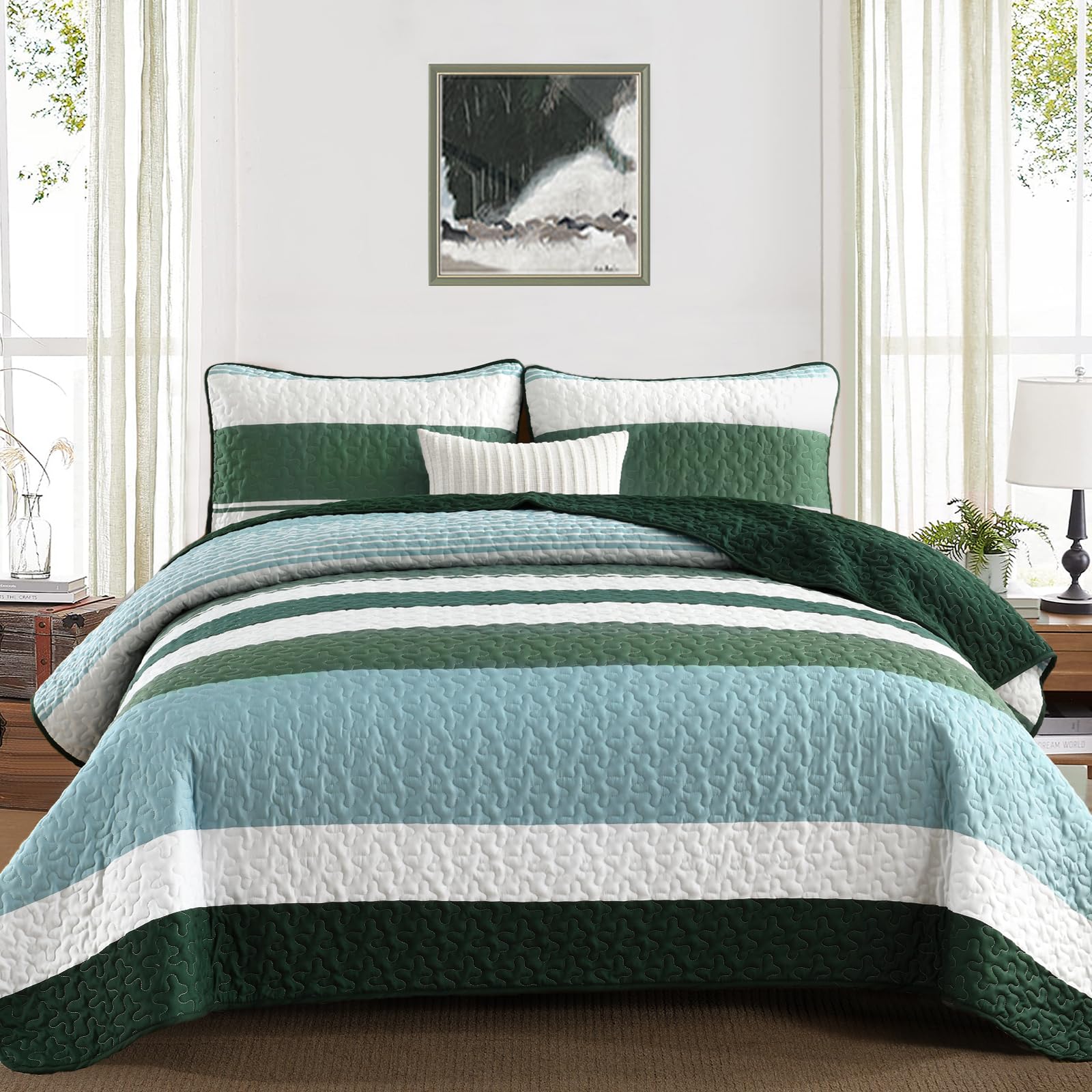Dinjoy Striped Boho Quilt Set Queen,Emerald Green Bedspread Queen Summer Queen Quilt Bedding ...