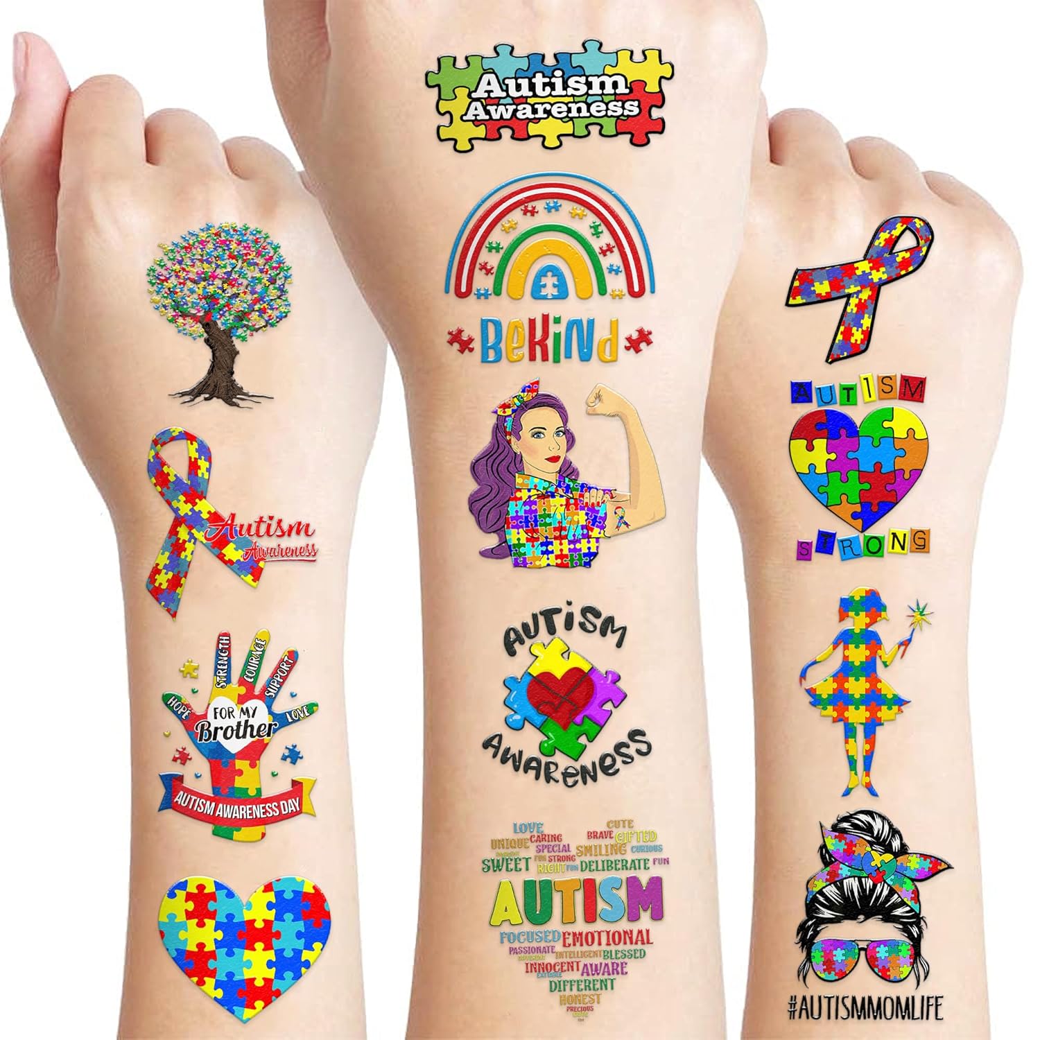 Amazon.com : 100 PCS World Autism Awareness Ribbon Temporary Tattoos ...