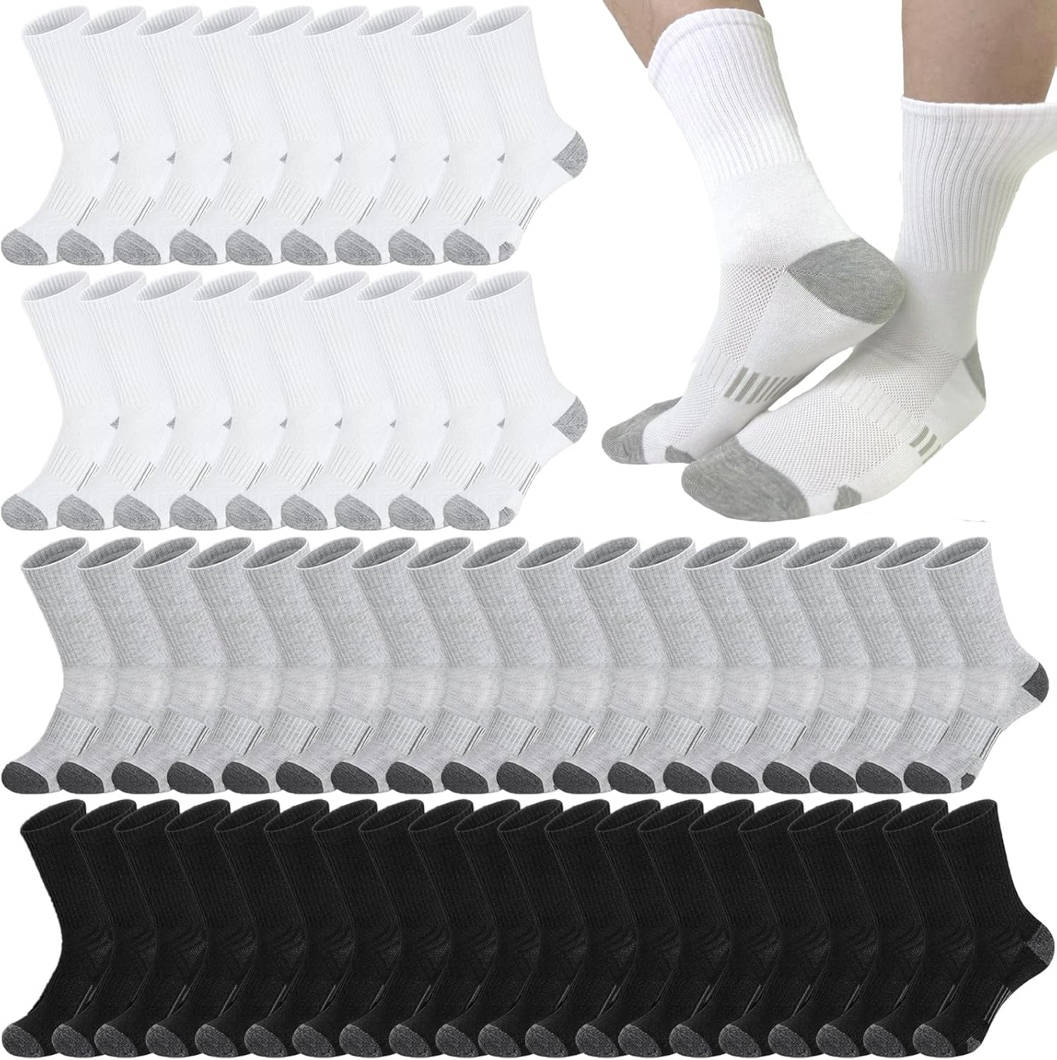 Looknniy 50 Pairs Cushion Crew Socks Moisture Wicking Casual Boot Socks ...