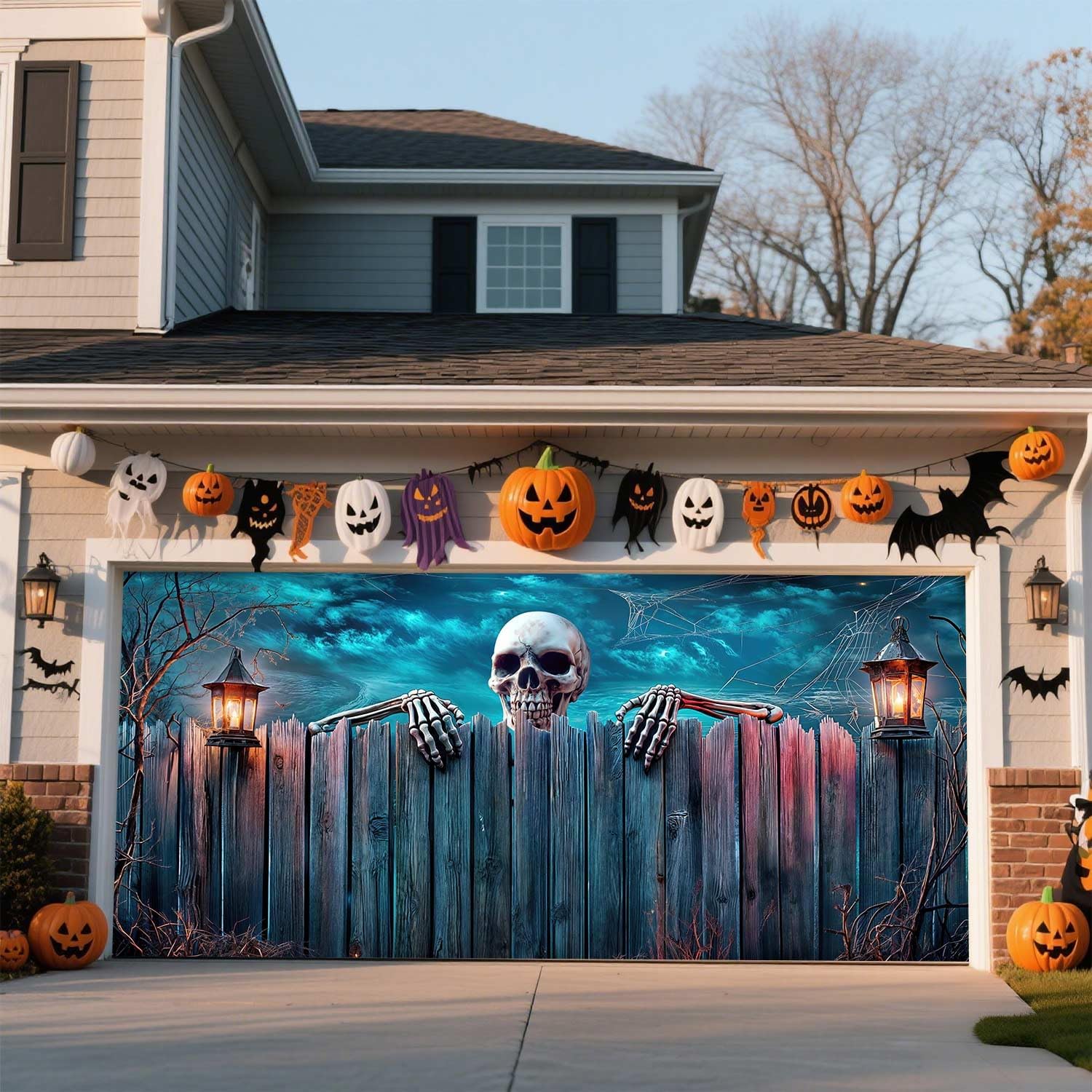 Amazon.com : Halloween Garage Door Decoration Background Skull Heads Catch Wood Lantern Skeleton ...