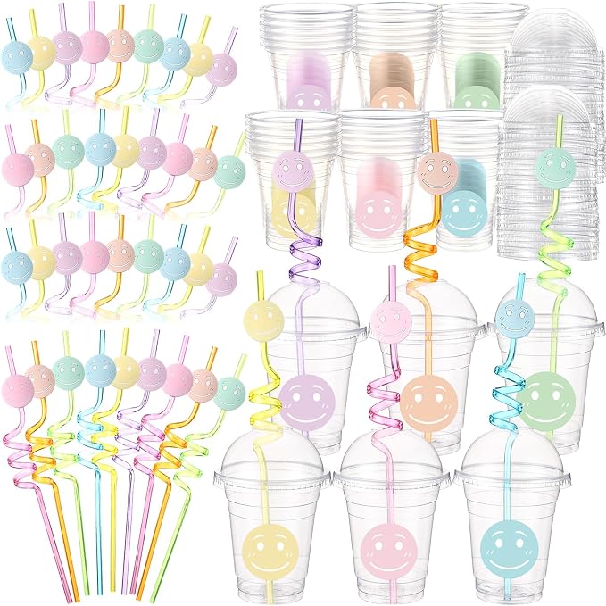 Amazon.com: Yaomiao 36 Set Smile Face Birthday Cups 12 oz Clear Plastic ...