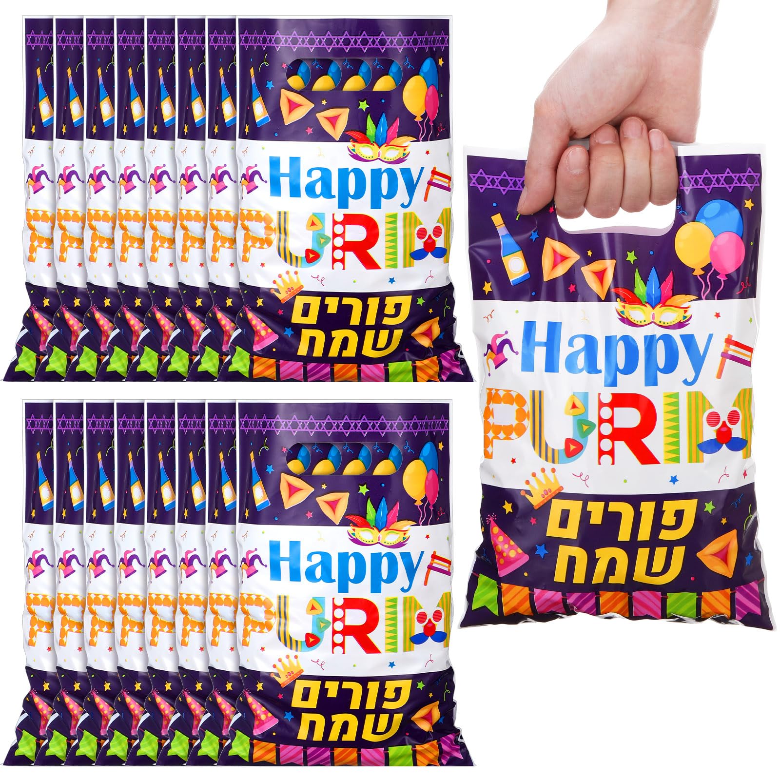 Amazon.com: Panelee 100 Pcs Happy Purim Gift Bags with Handle Plastic ...