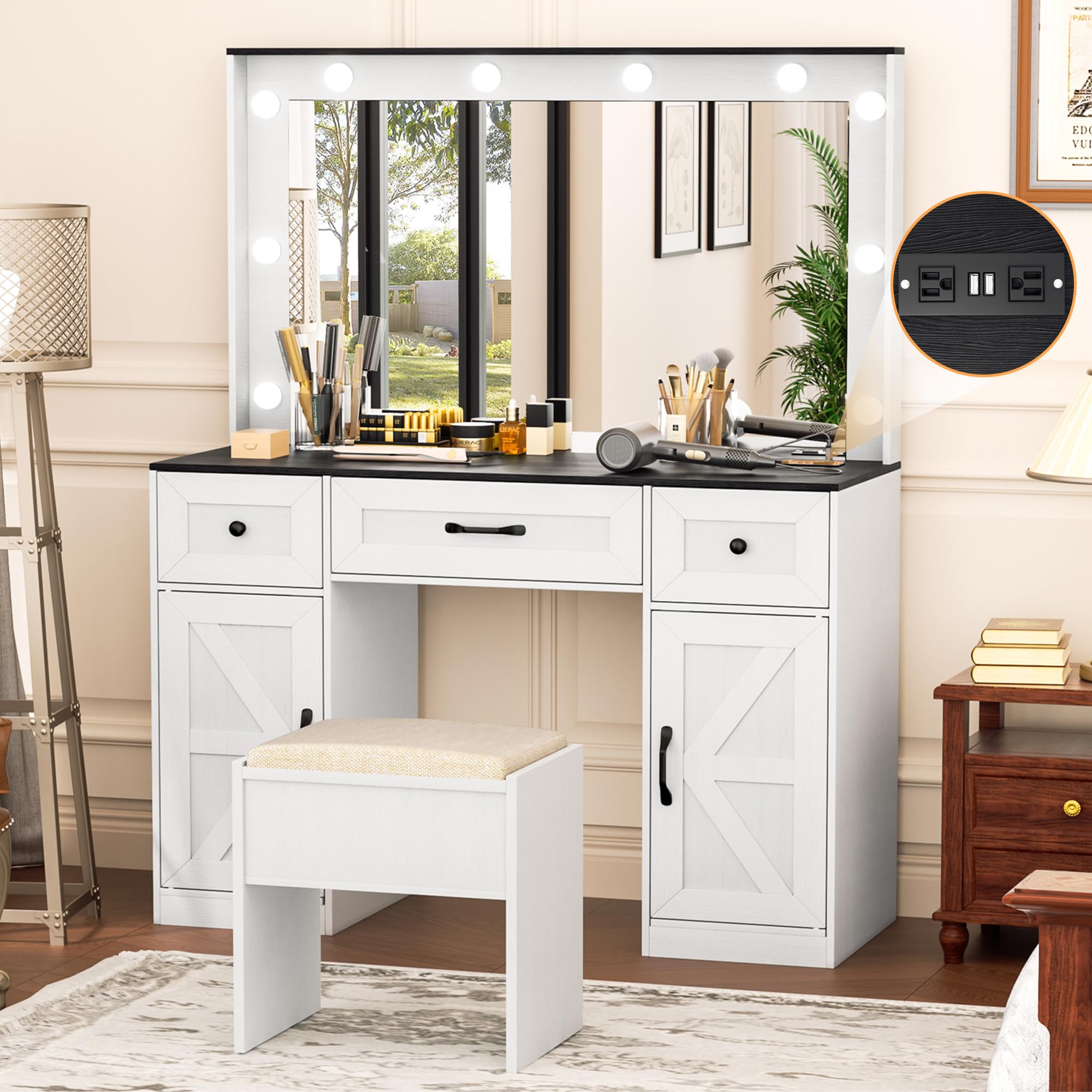 Amazon.com: Greenvelly Makeup Vanity with Lights, White Farmhouse ...