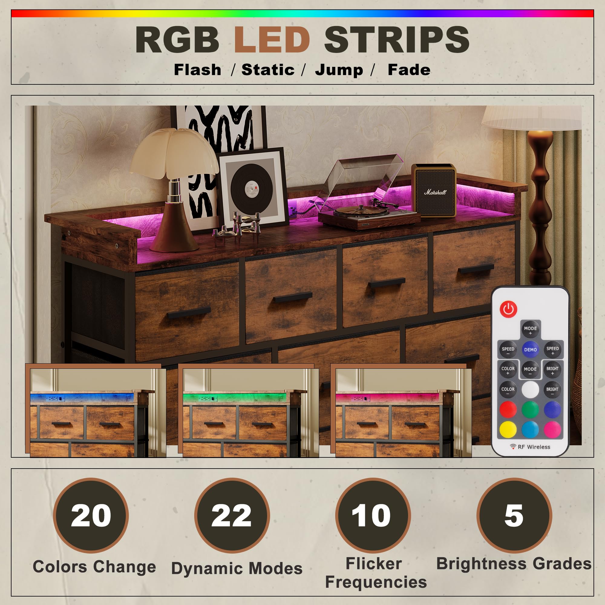 Dresser TV Stand with 10 Drawers, Dresser TV Stand with LED Lights ...