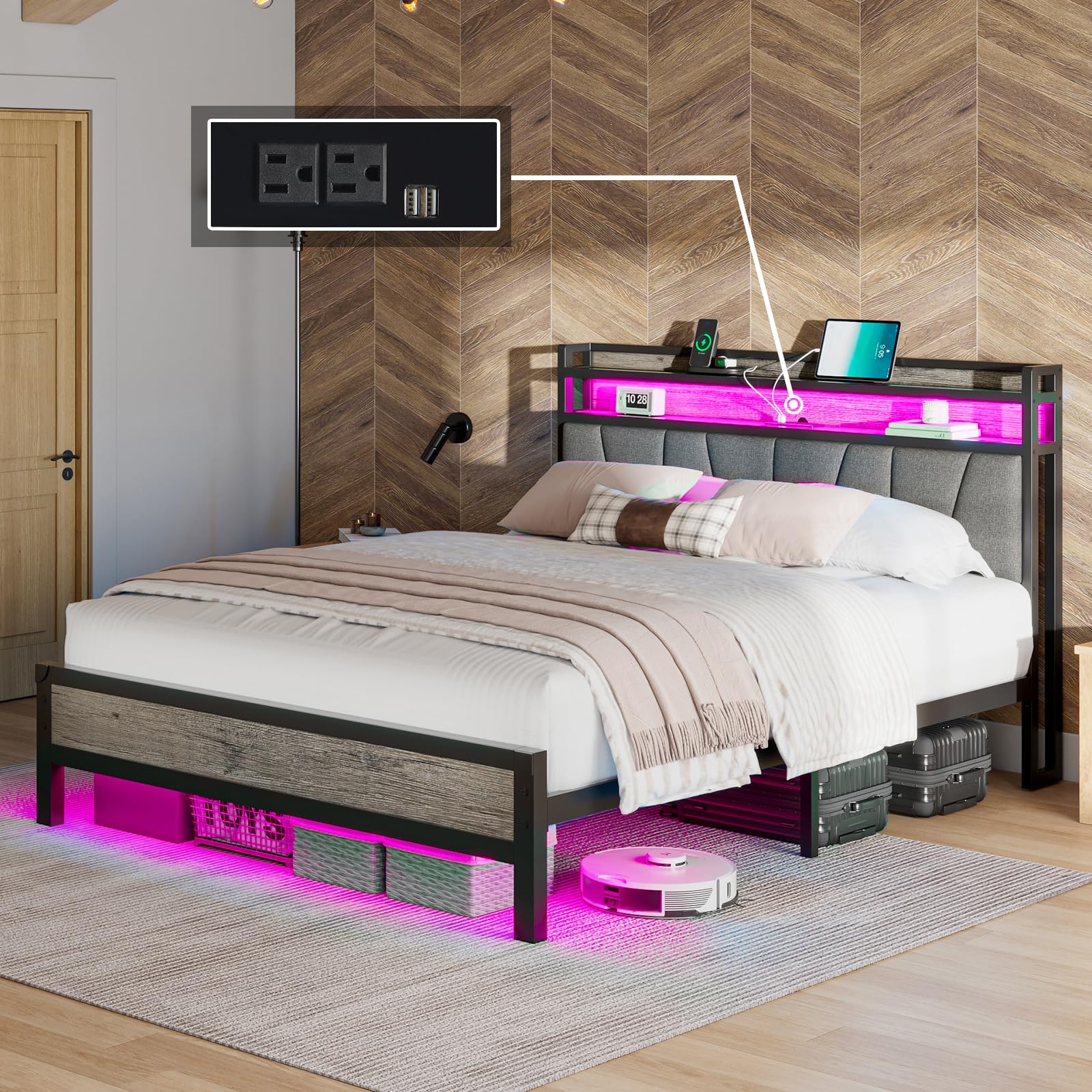 Amazon.com: LUXOAK Queen Size Bed Frame with RGBW LED Lights & Charging ...