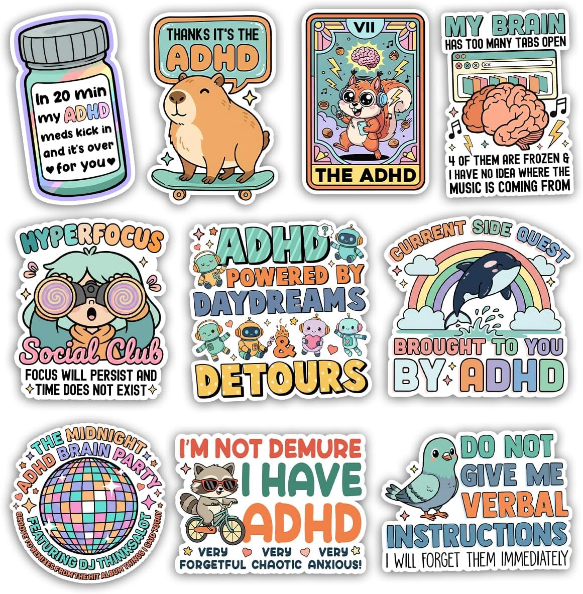 Amazon.com: TODOLIA (10Pcs-3in) Funny ADHD Sticker Pack, Mental Health ...