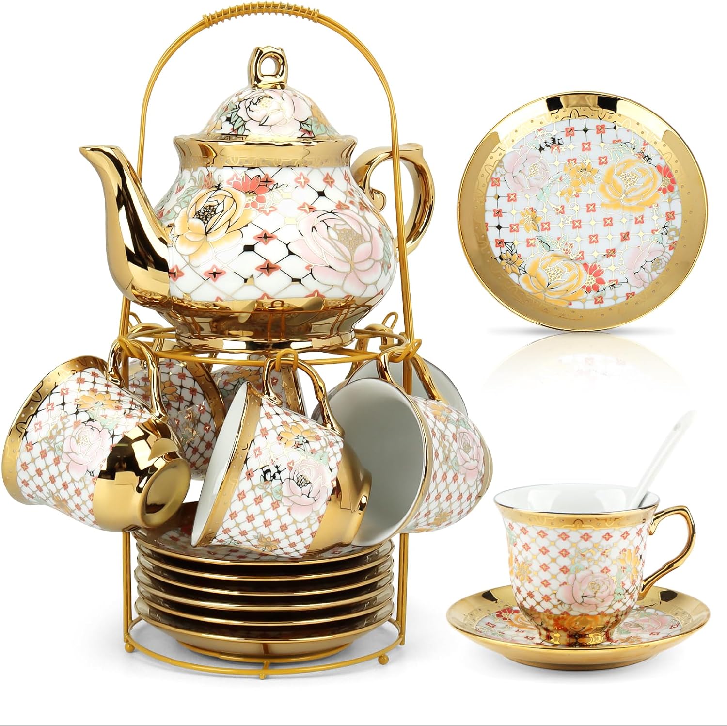 Amazon.com | 20 Pcs Porcelain Tea Set with Metal Holder,European Adult ...