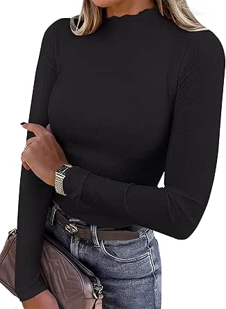ANRABESS Women's Lettuce Trim Mock Neck Long Sleeve Tops 2025 Casual ...