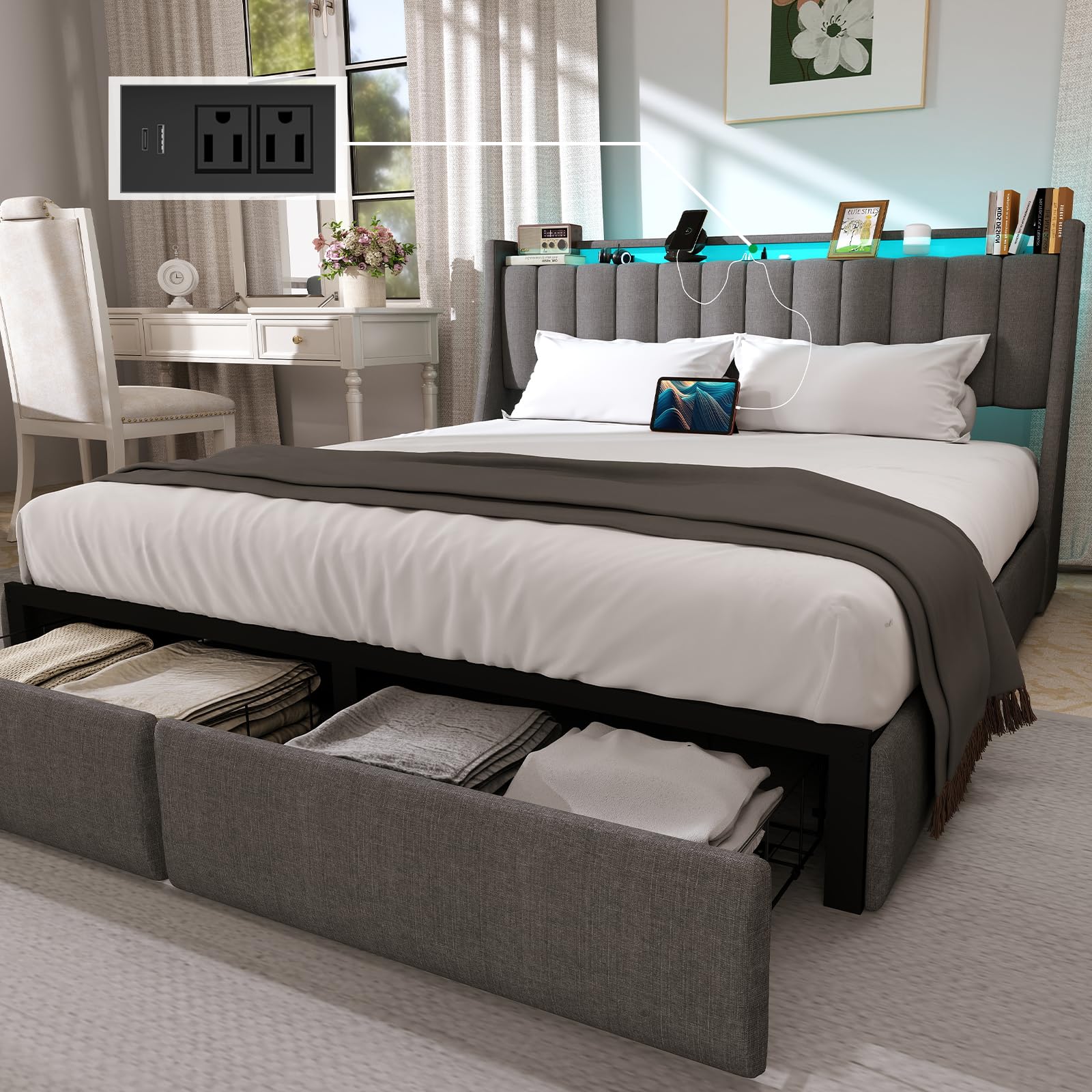 Amazon.com: Queen Bed Frame with 2 Storage Drawers, Platform Bed Frame ...